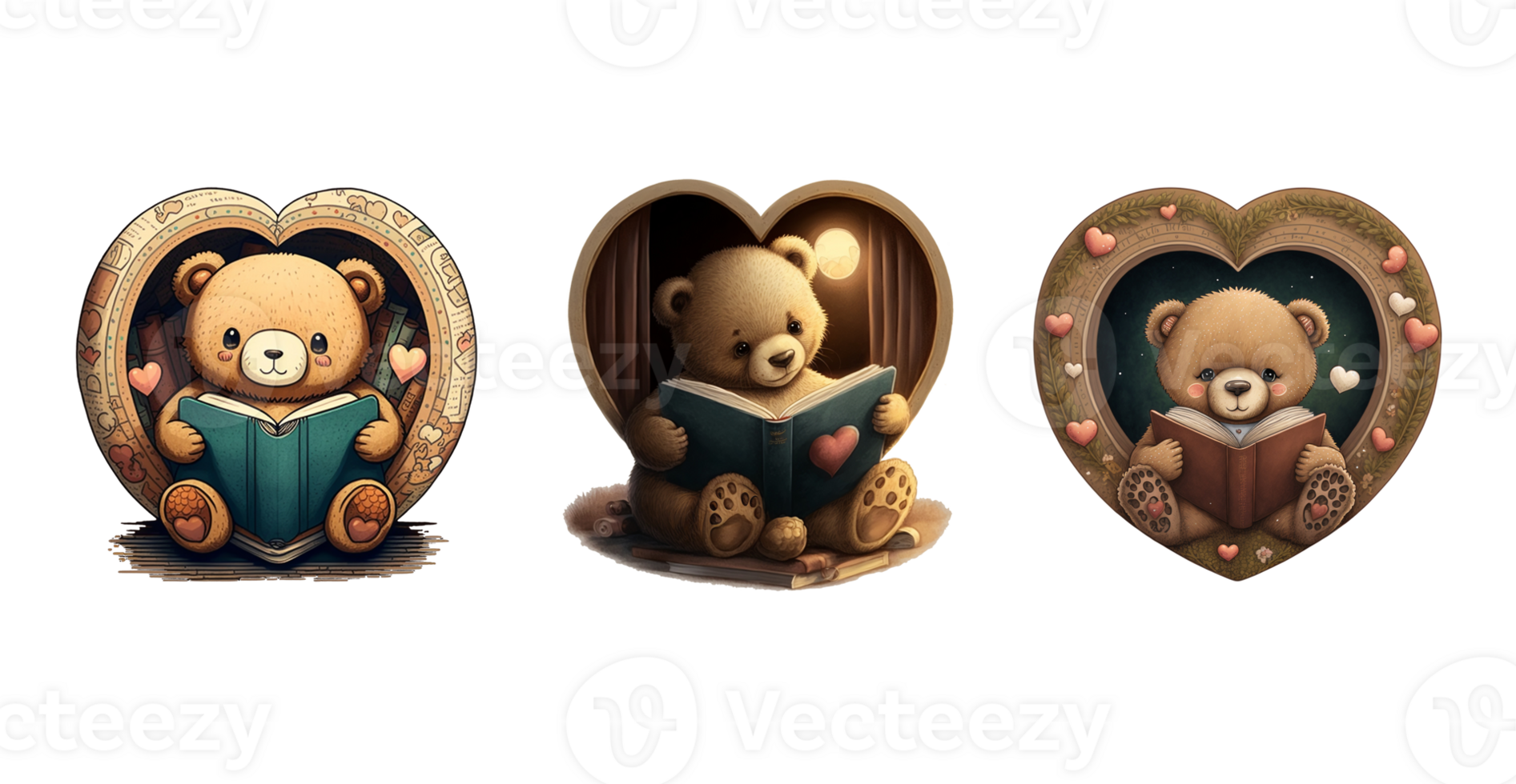 3d Render Vintage Style Cute Teddy Bear Reading Book Icon Set