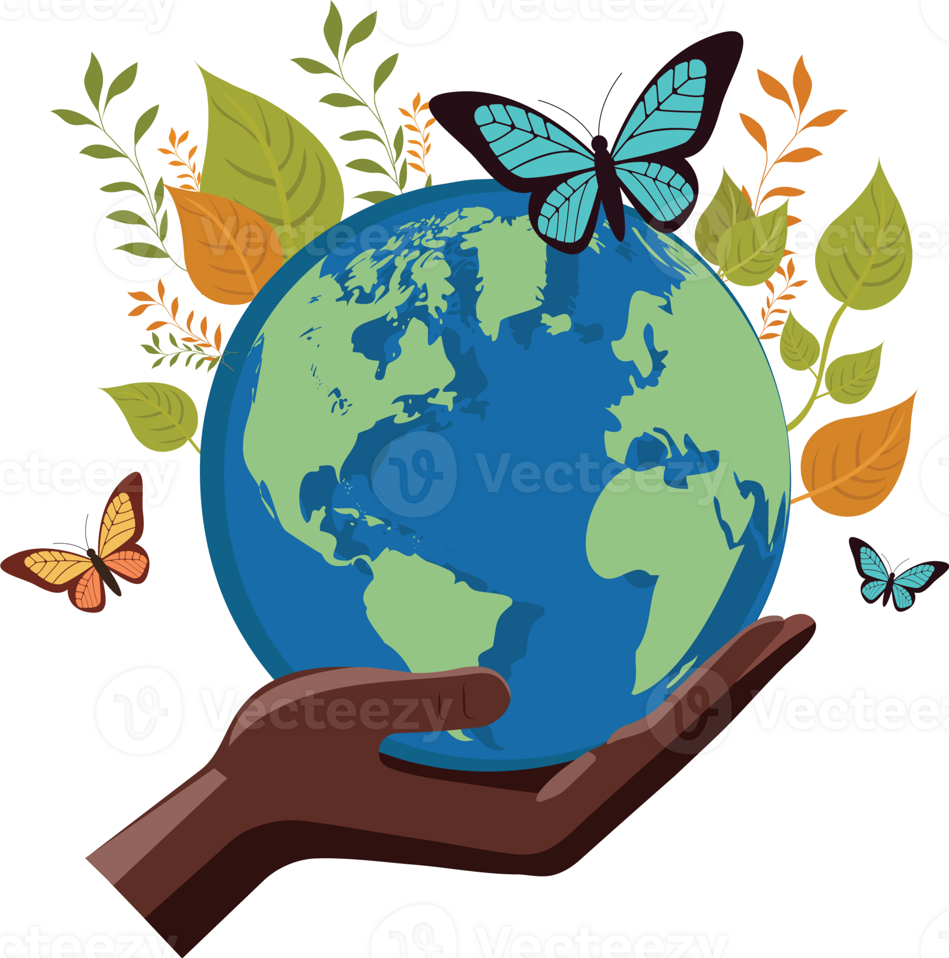 Human Hand Holding Earth Globe With Leaves And Beautiful Butterflies