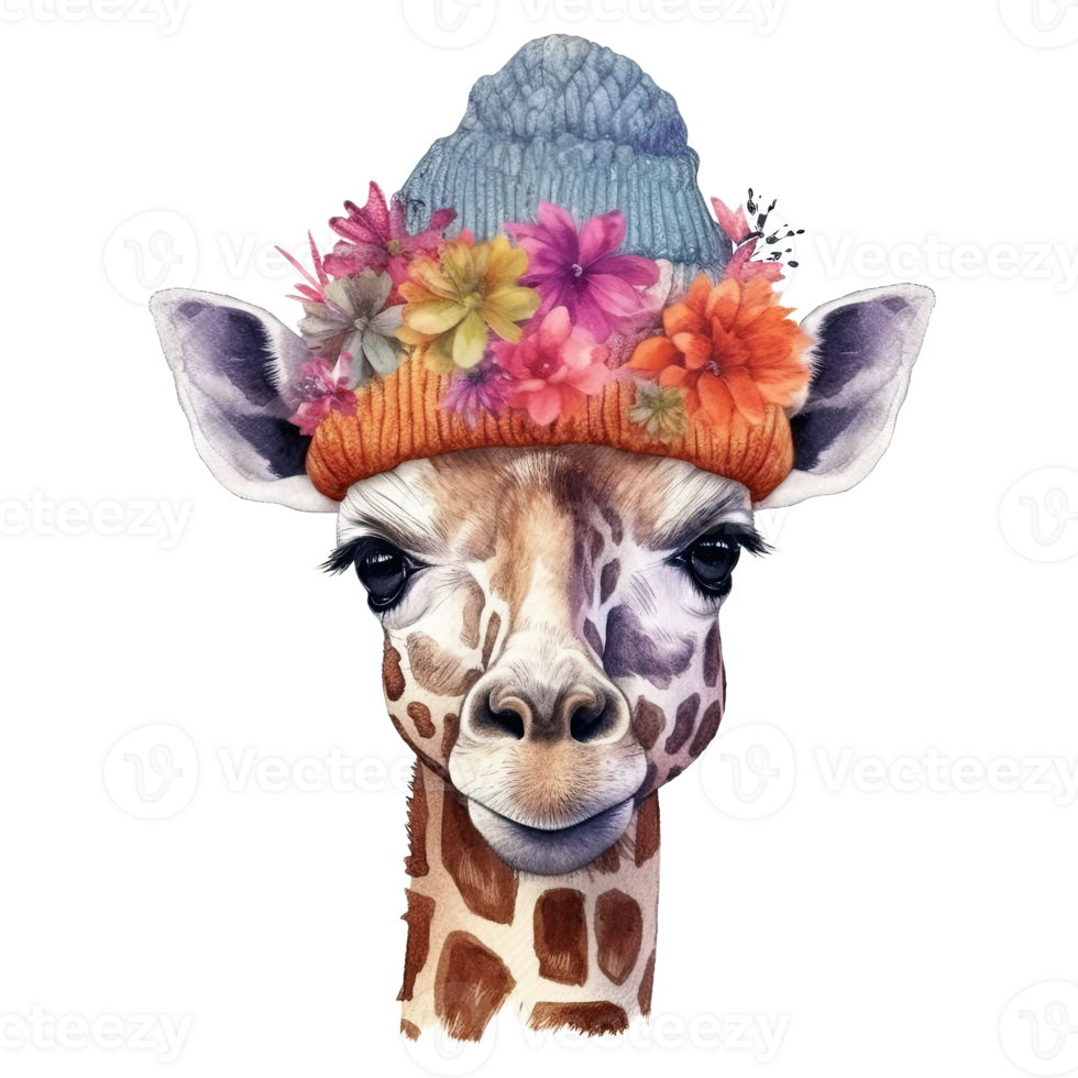Cute giraffe in hat with flower. Watercolor. Illustration 23655676 PNG