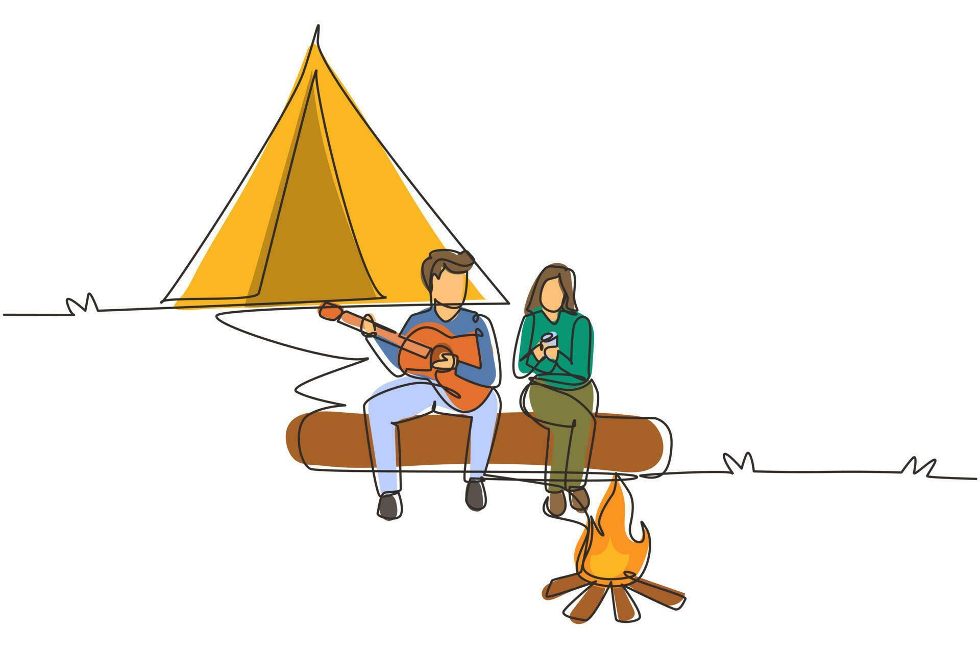Single One Line Drawing Couple Hikers Sitting On Log Of Wood Near