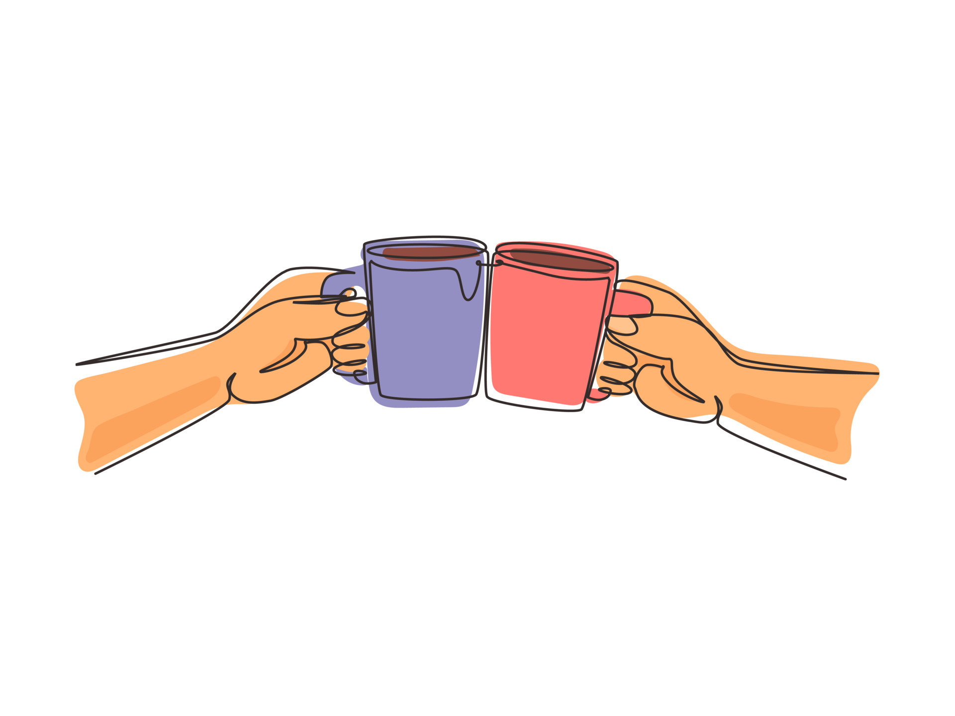 Continuous One Line Drawing Close Up Cropped Of Woman Man Two Hands Horizontal Holding Cups Of
