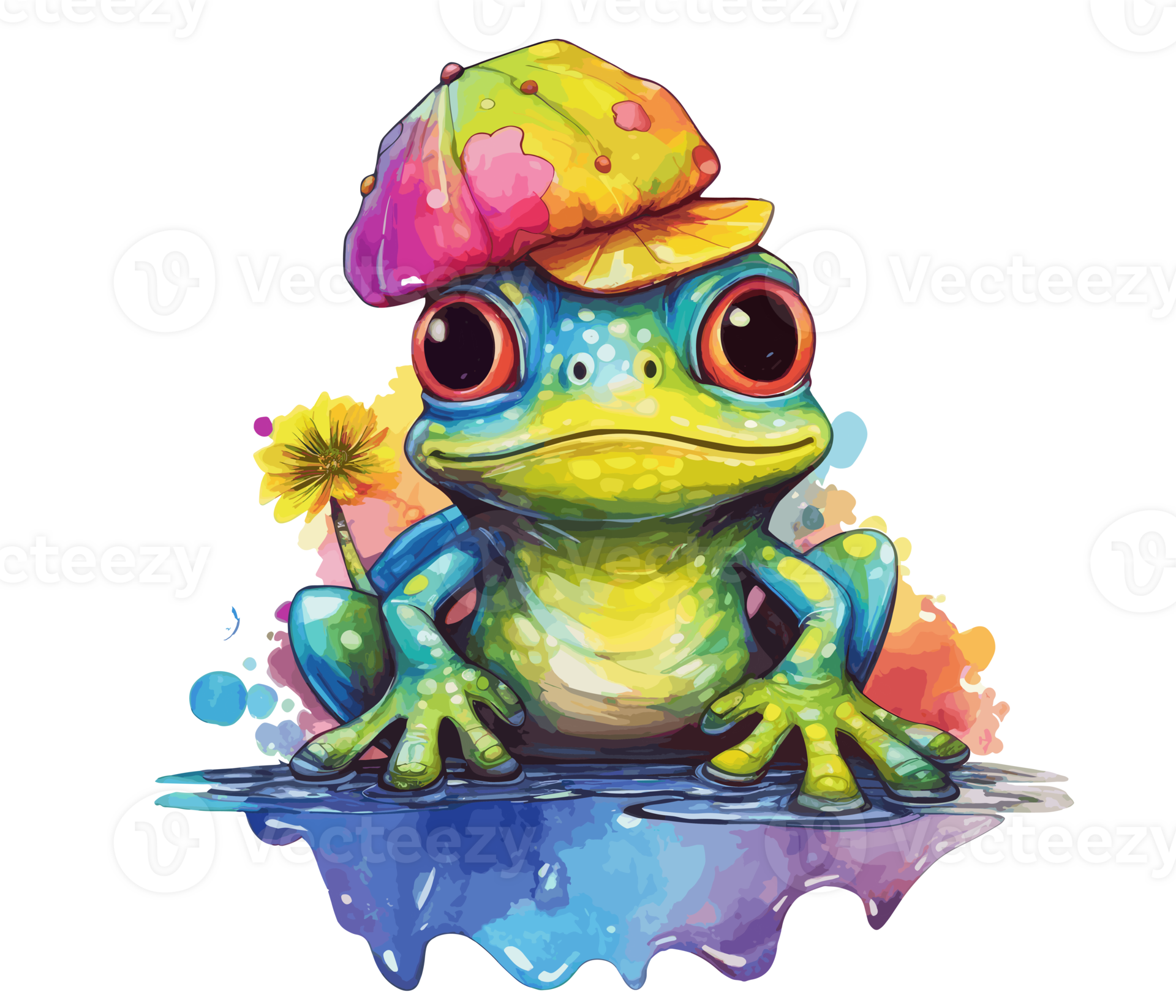 Adorable Baby Frog with Flowers Watercolor. 23657837 PNG