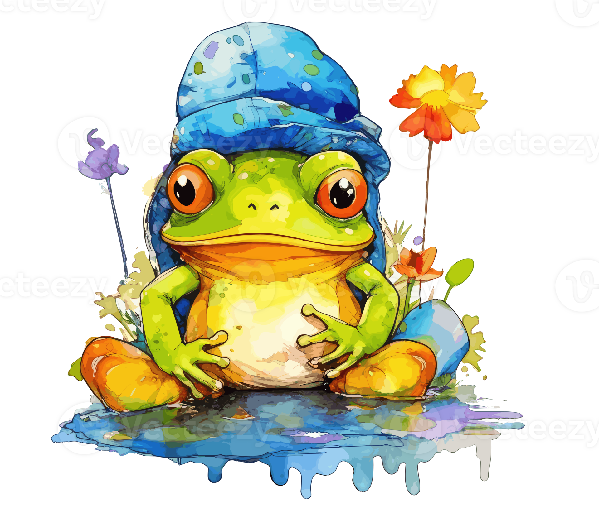 Adorable Baby Frog with Flowers Watercolor. 23657840 PNG