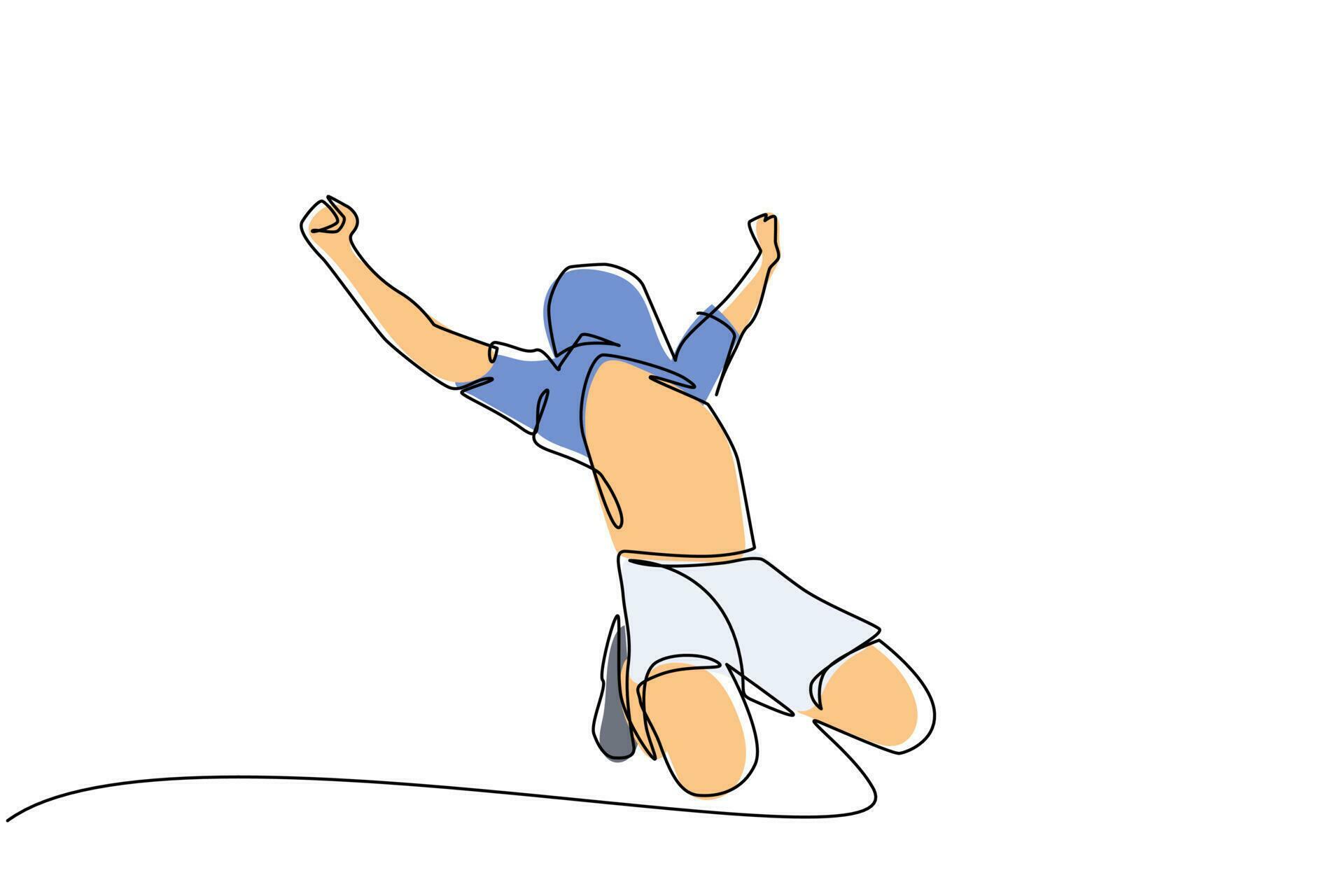 dibujo continuo de una línea joven jugador de fútbol está celebrando el ...