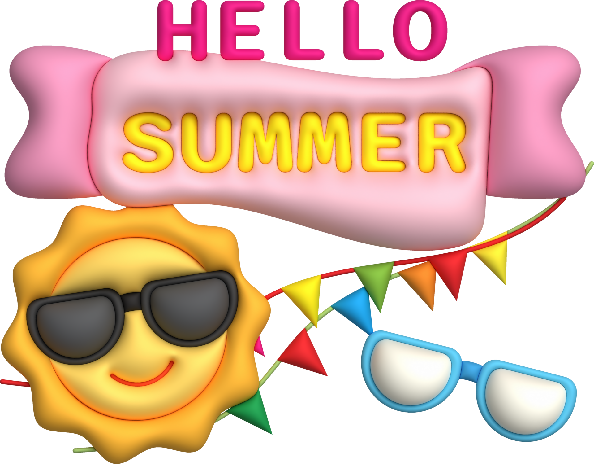 illustration 3d. Sun wearing sunglasses icon and text hello summer for design. 23661419 PNG