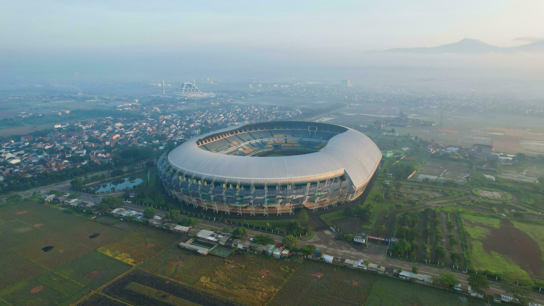 Aerial view of the Beautiful scenery Gelora Bandung Lautan Api Football or Soccer Stadium in the ...