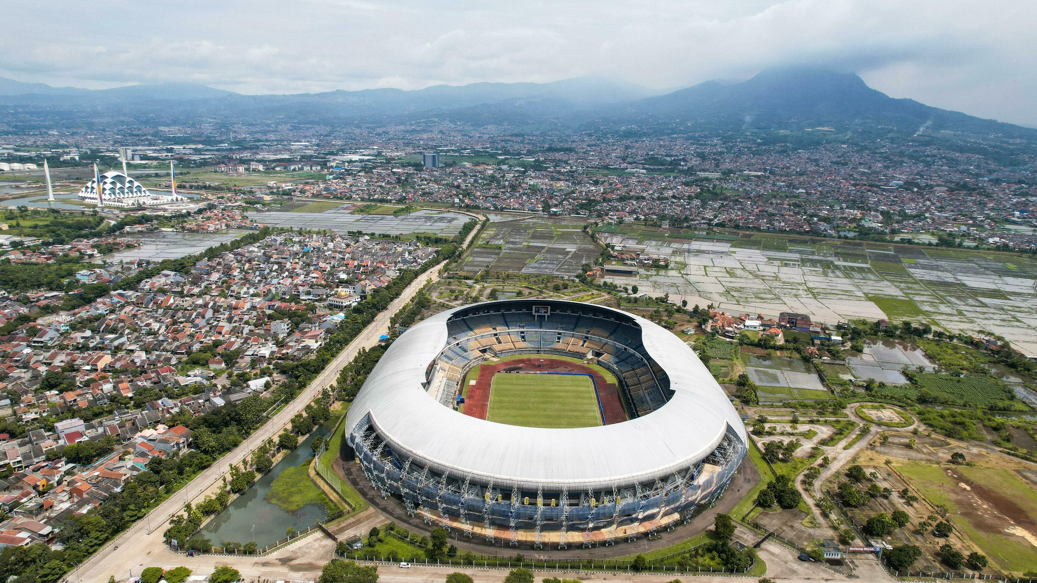 Aerial view of the Beautiful scenery Gelora Bandung Lautan Api Football or Soccer Stadium in the ...