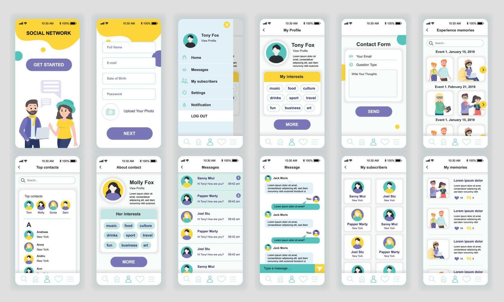 Set Of Ui Ux Gui Screens Social Network App Flat Design Template For