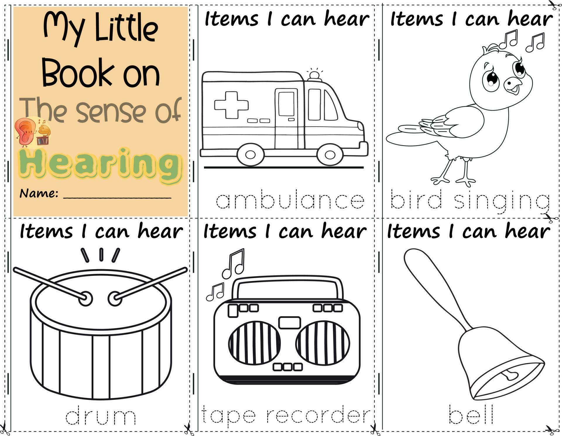 My Little Book on the sense of hearing items I can hear to color them ...