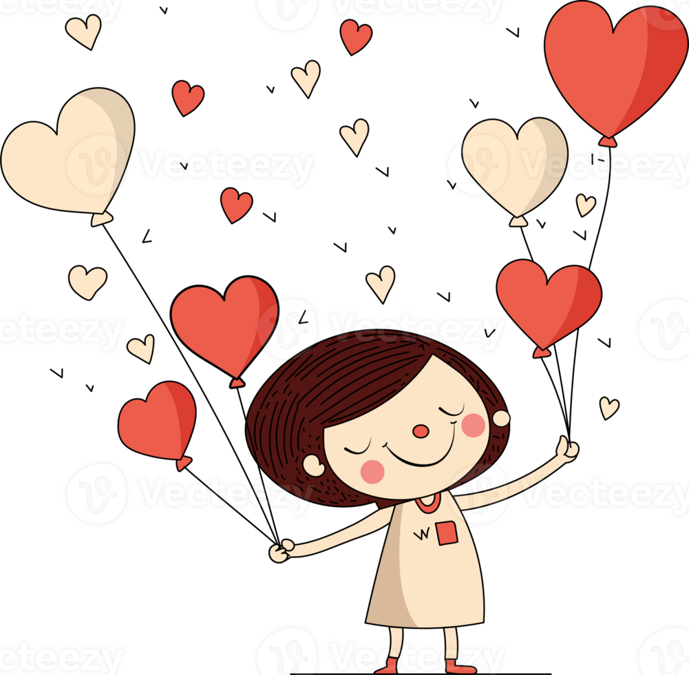 Vector Of Cute Little Girl Holding Heart Shape Balloons. Love Or ...