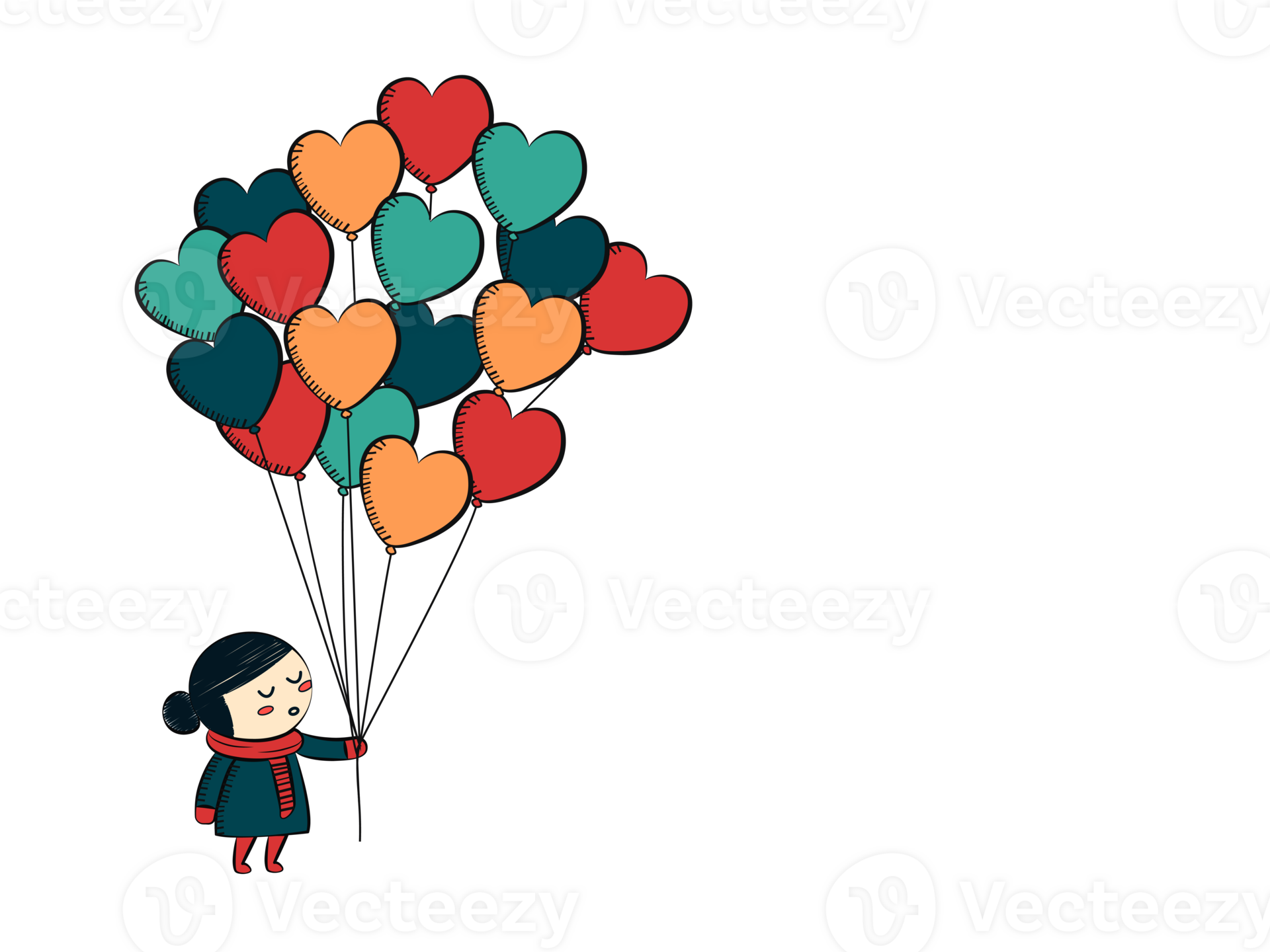 Isolated Doodle Style Cute Girl Holding Hearts Balloons. Happy ...