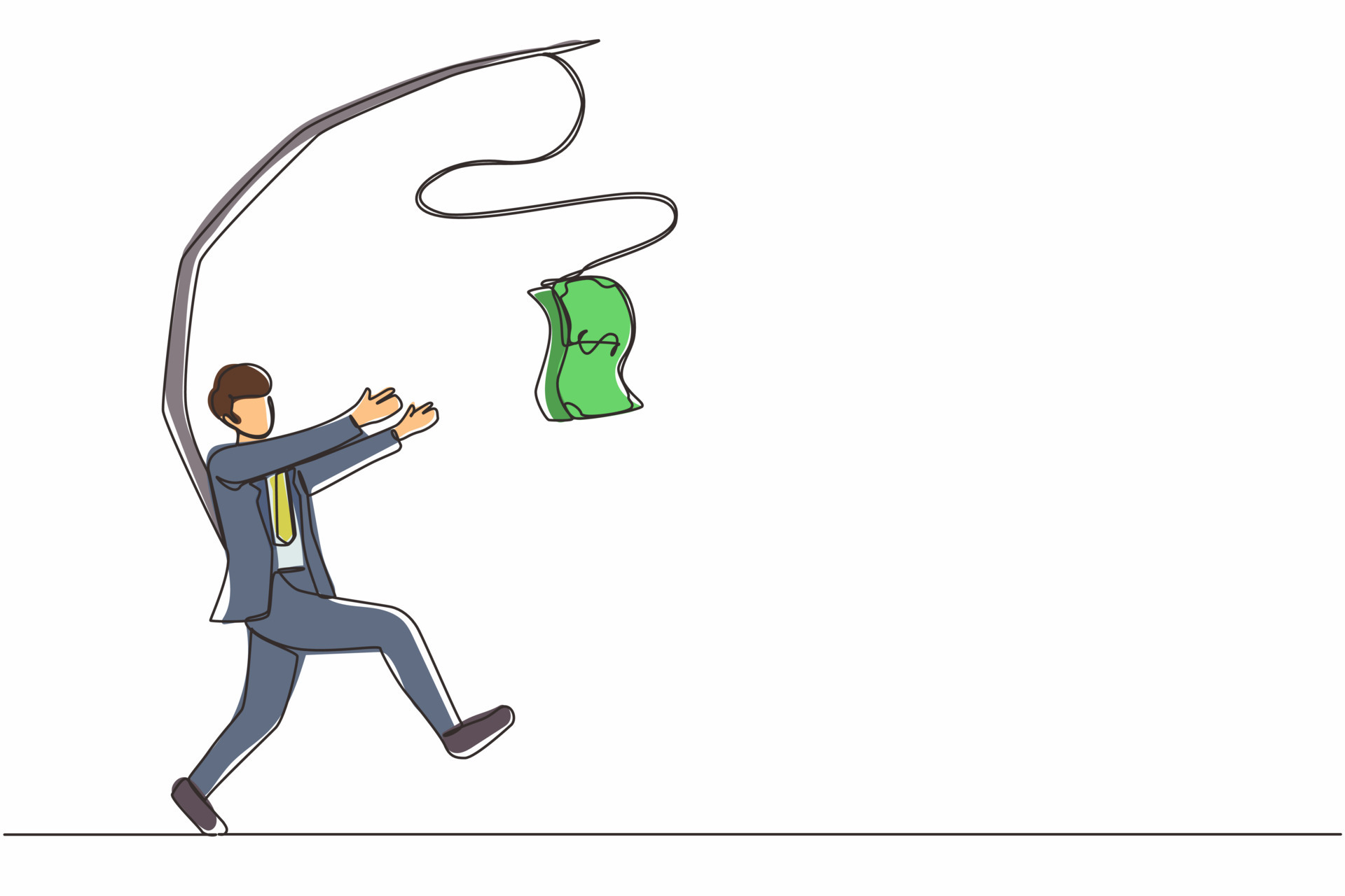 Single one line drawing greedy businessman or manager is running after ... Single one line drawing greedy businessman or manager is running after ...
