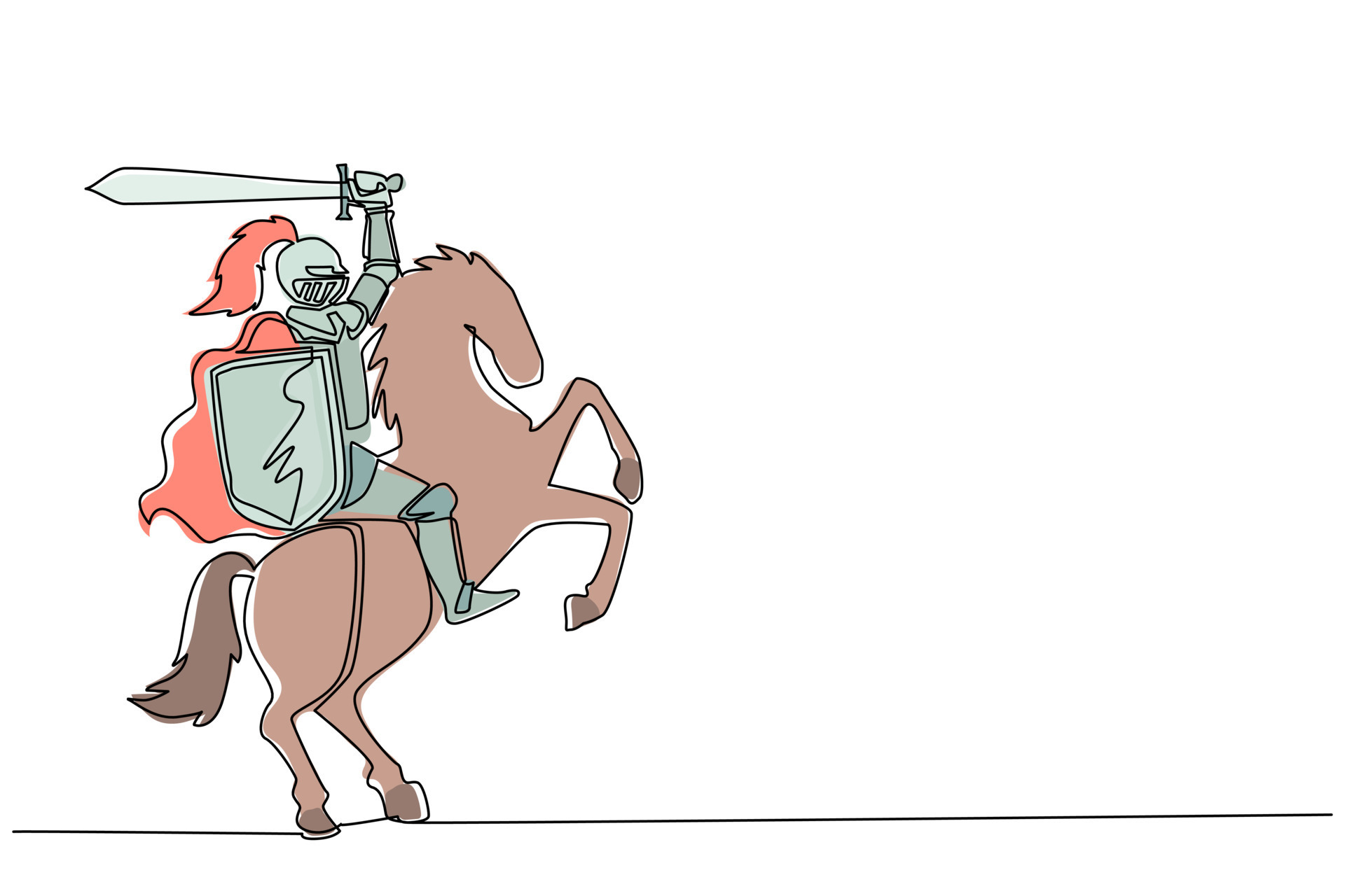 Single continuous line drawing medieval armed knight riding horse. Historical ancient military ...