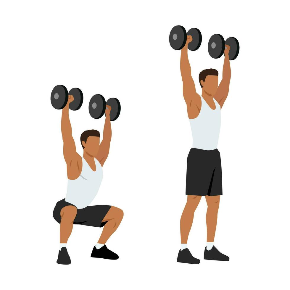 Man doing Dumbbell squat thrusters. squat to overhead press exercise ... Man doing Dumbbell squat thrusters. squat to overhead press exercise ...