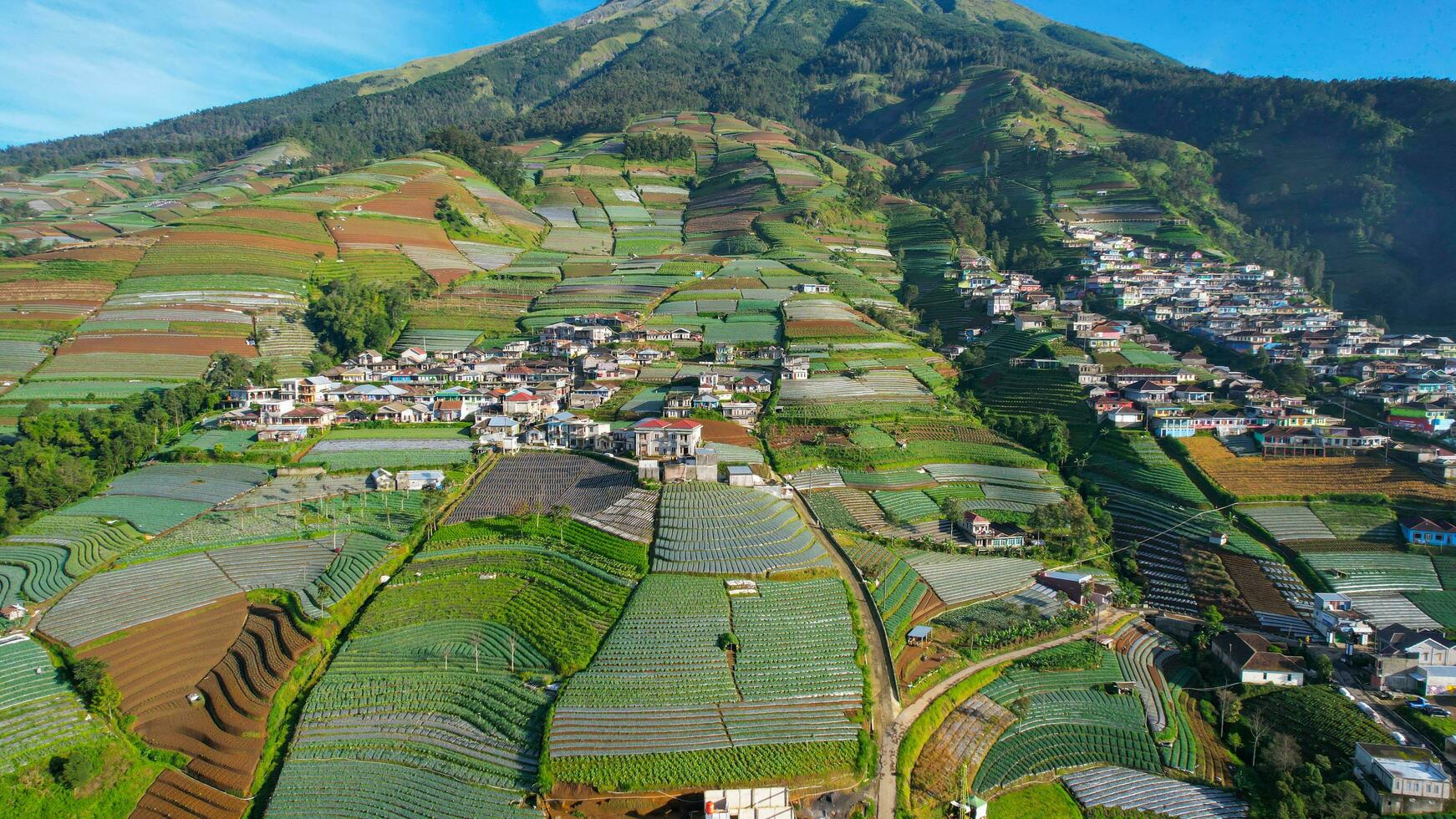 Aerial view of the Nepal van java is a Rural tour on the slopes of mount sumbing, The beauty of ...