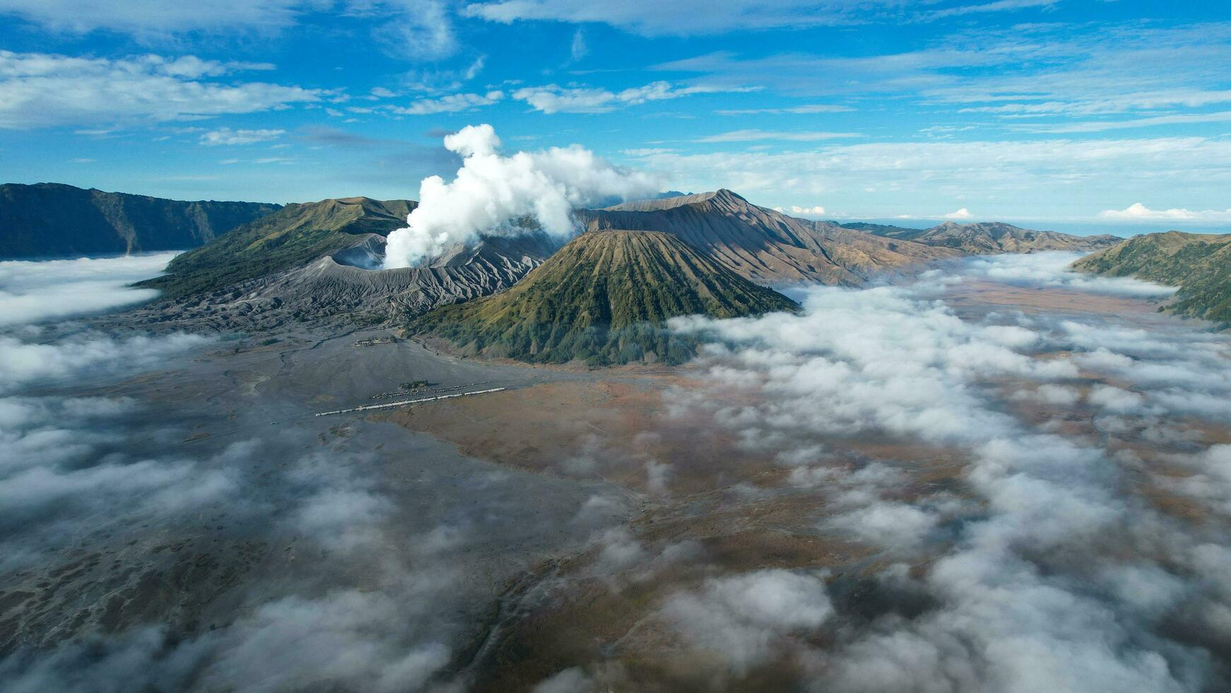 Aerial view of the Mount Bromo, is an active volcano and part of the ...