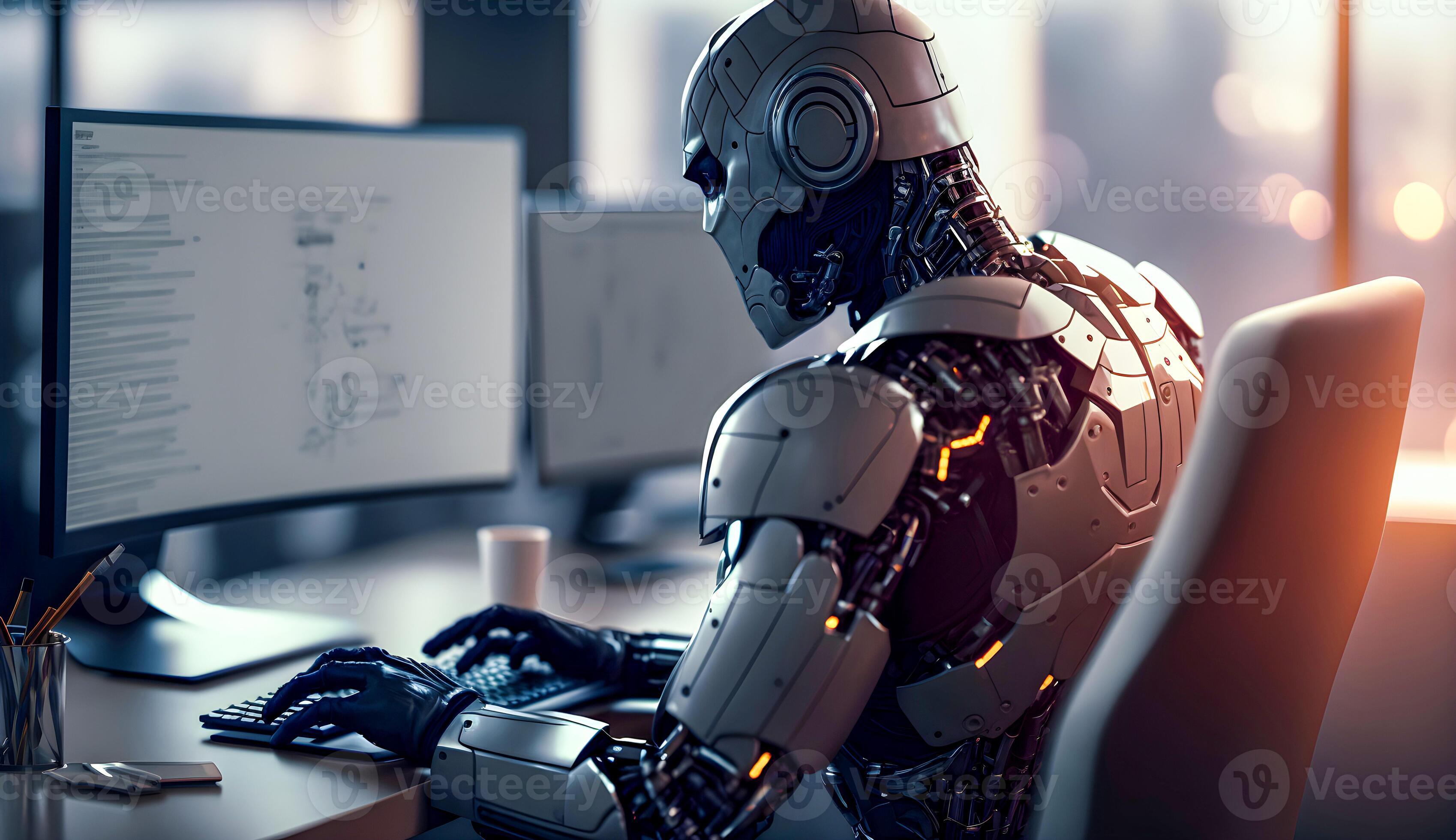 Image of human-liked robot working on computor in office instead of ...