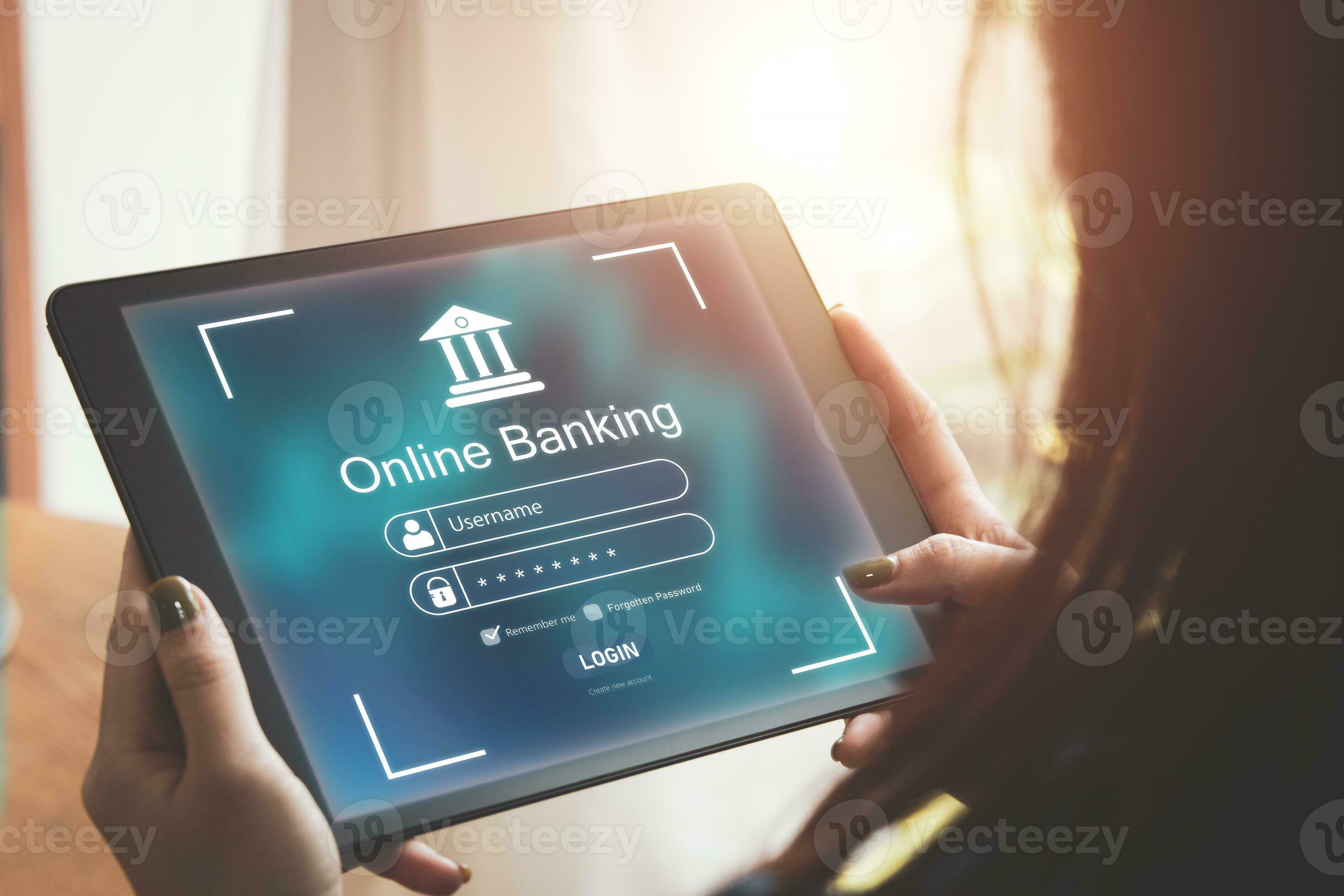 Online banking, online financial transactions for businesses. Woman using tablet for logging ...