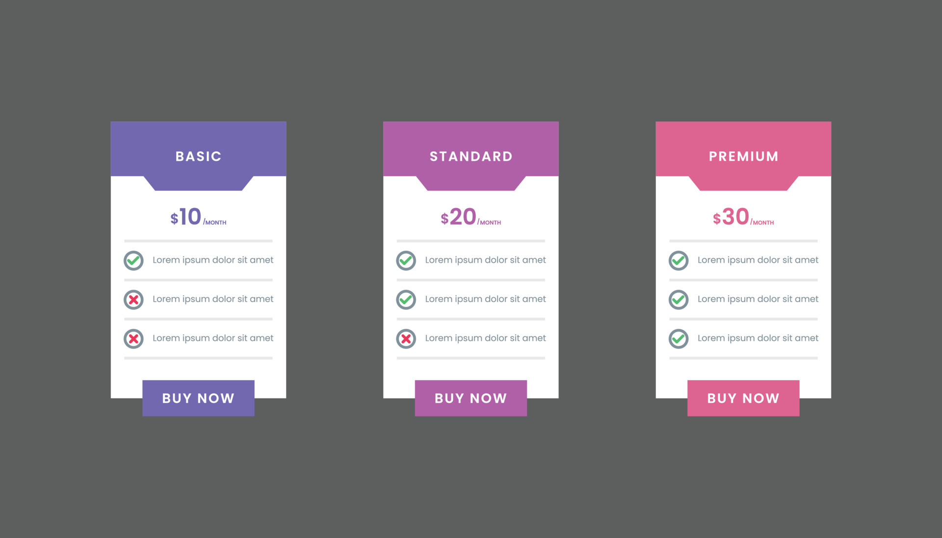 Rectangle pricing table template with three table. Pricing table ...