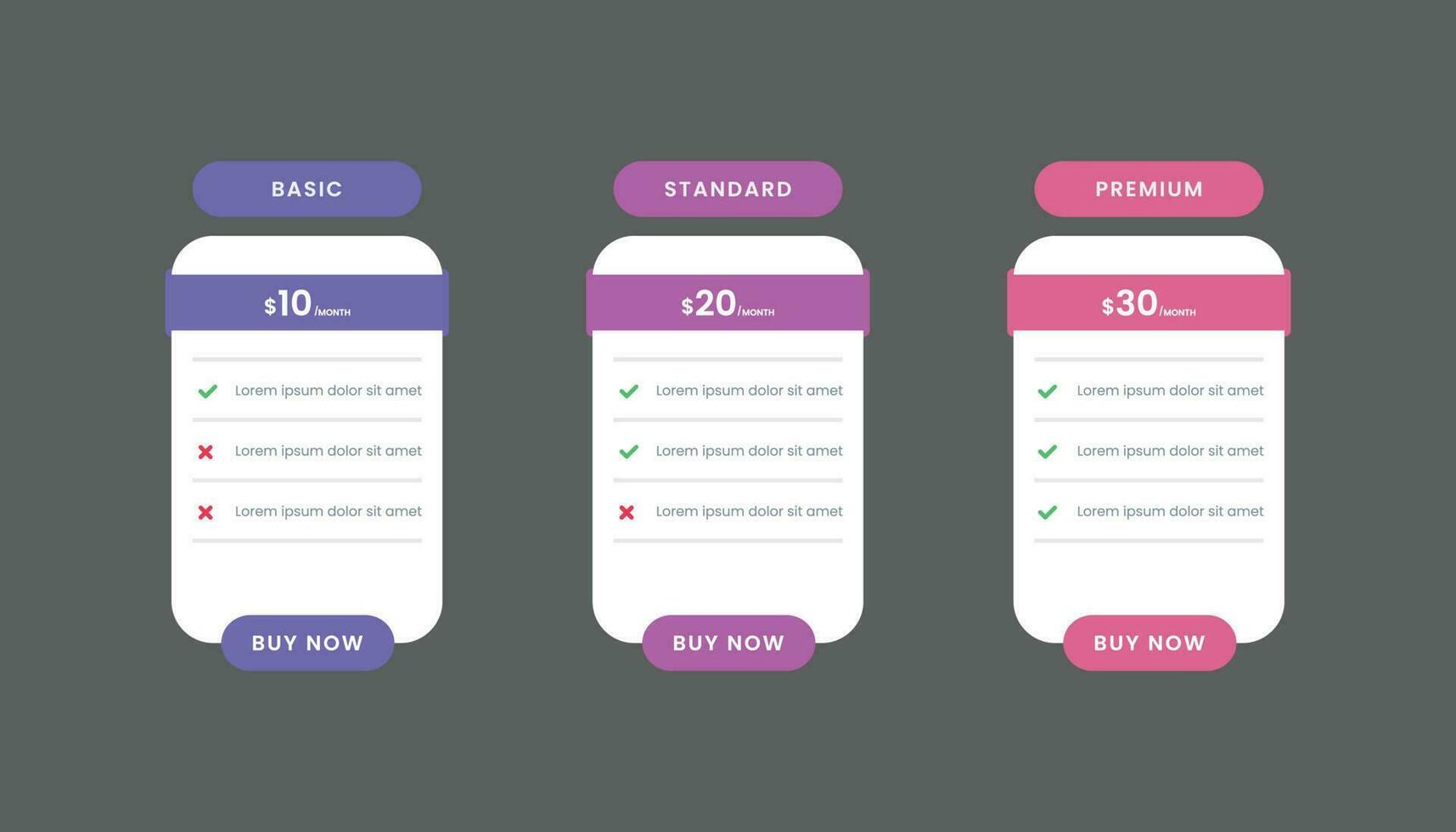 Collection of pricing table template design with three table. Pricing ...