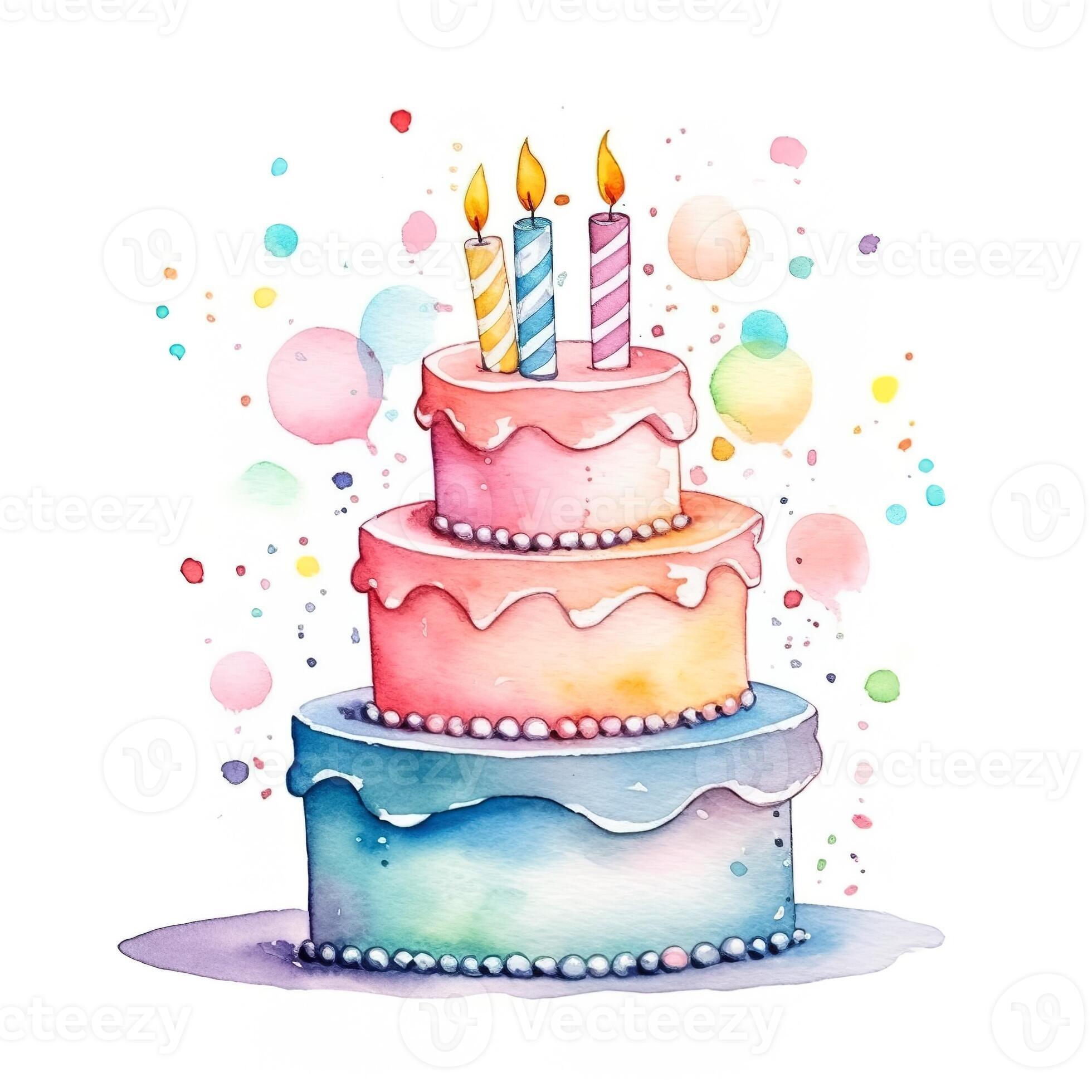 watercolor cute cake with candles isolated on white background. clip ...