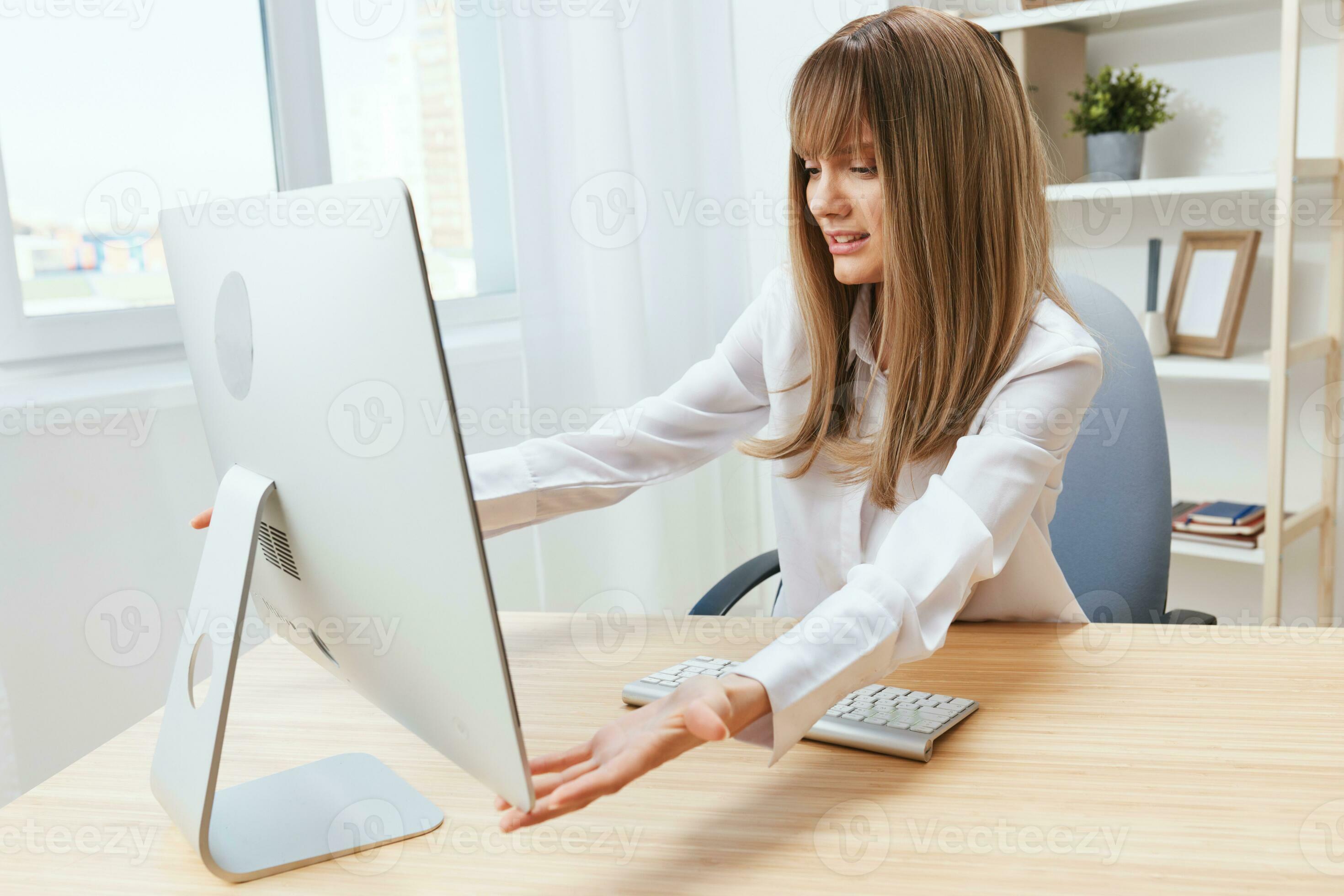 Shocked Excited Blonde Businesswoman Touch Screen Confused After Computer Software Crash Error