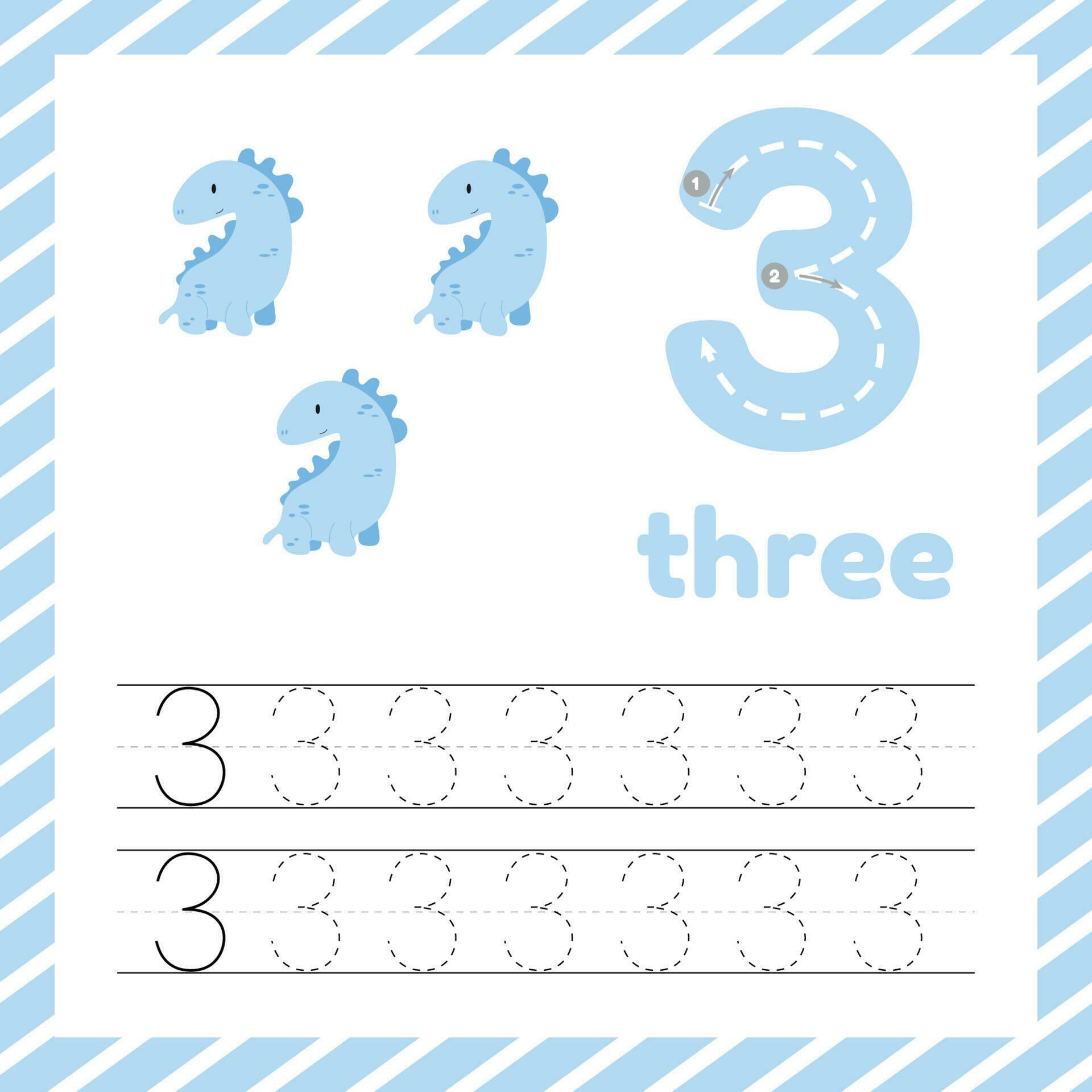 Cute colorful children flashcard with tracing and dinosaur. Learn how to write number three for ...