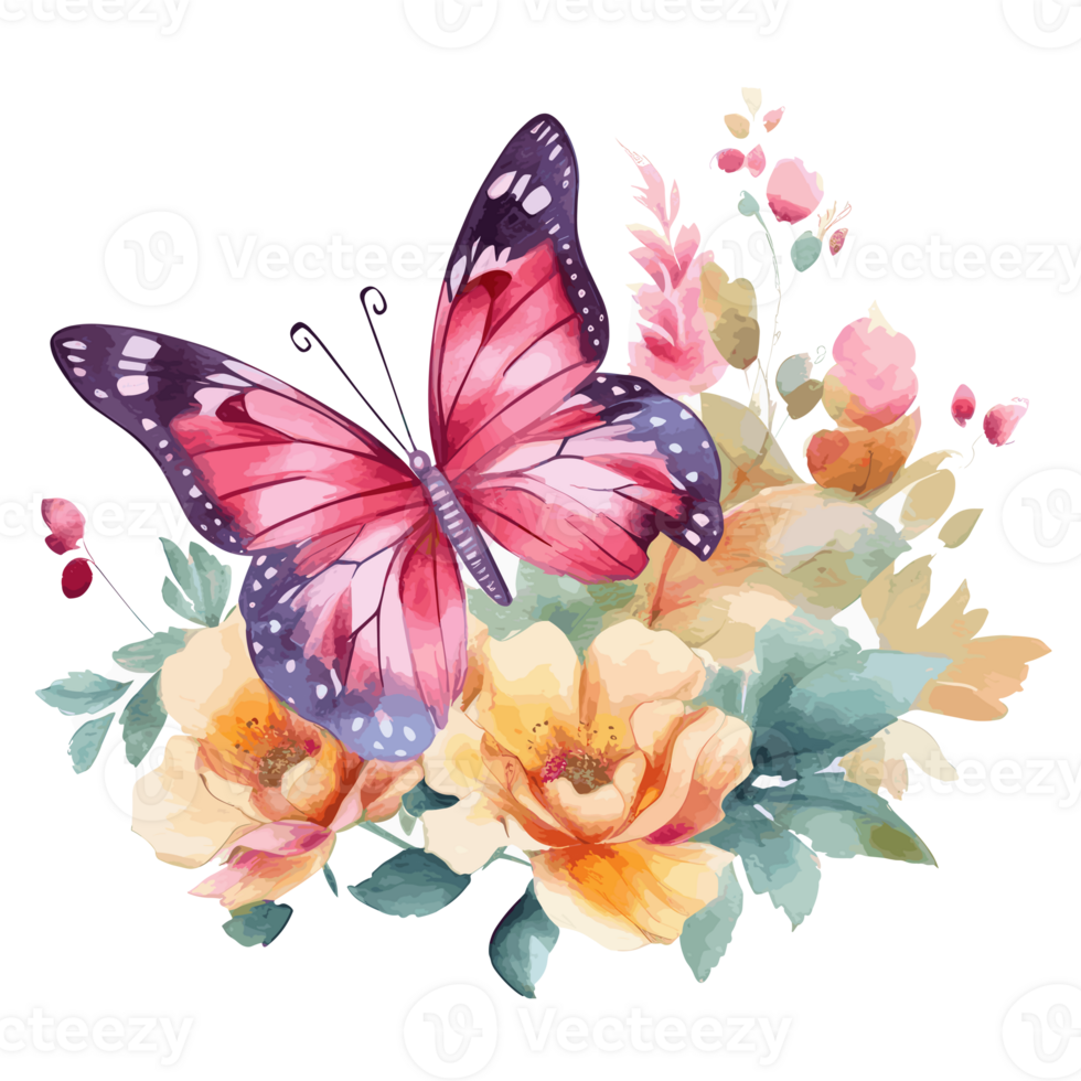 Watercolor Butterfly And Bouquets Spring Flowers 23743543 Png
