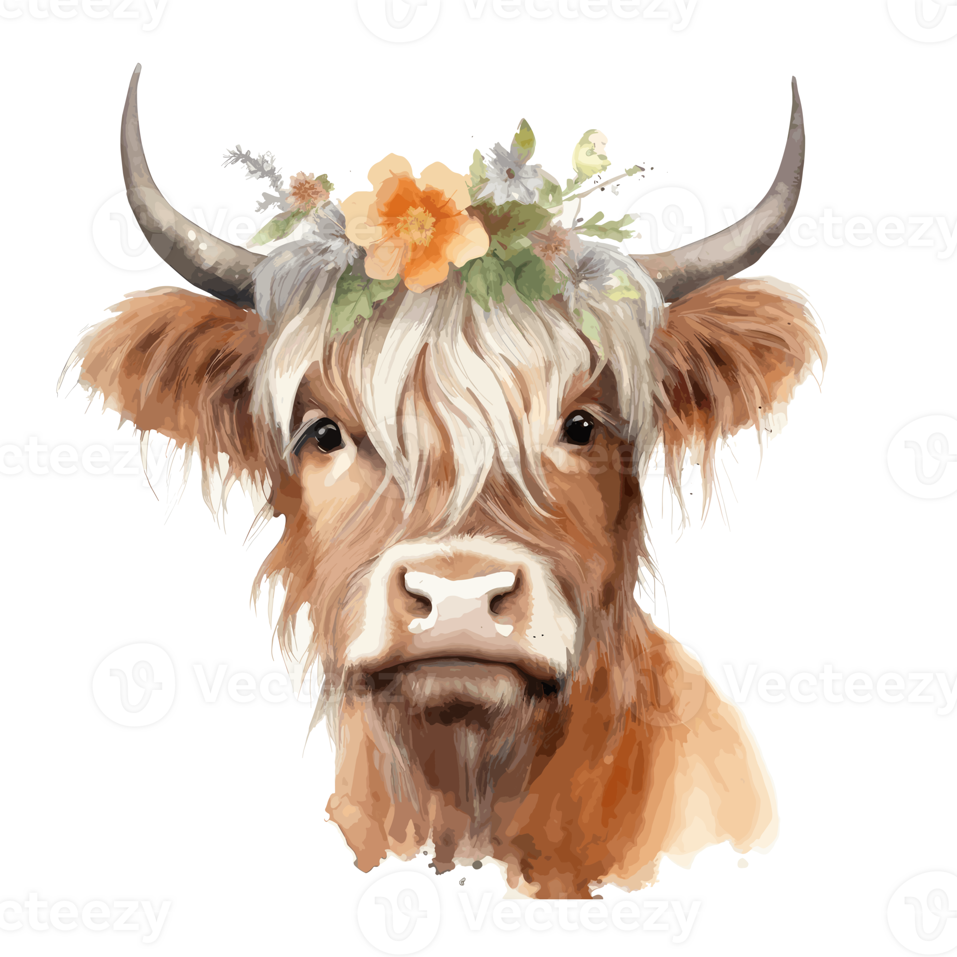 cute highland cow, wearing flower crown watercolor . 23743569 PNG
