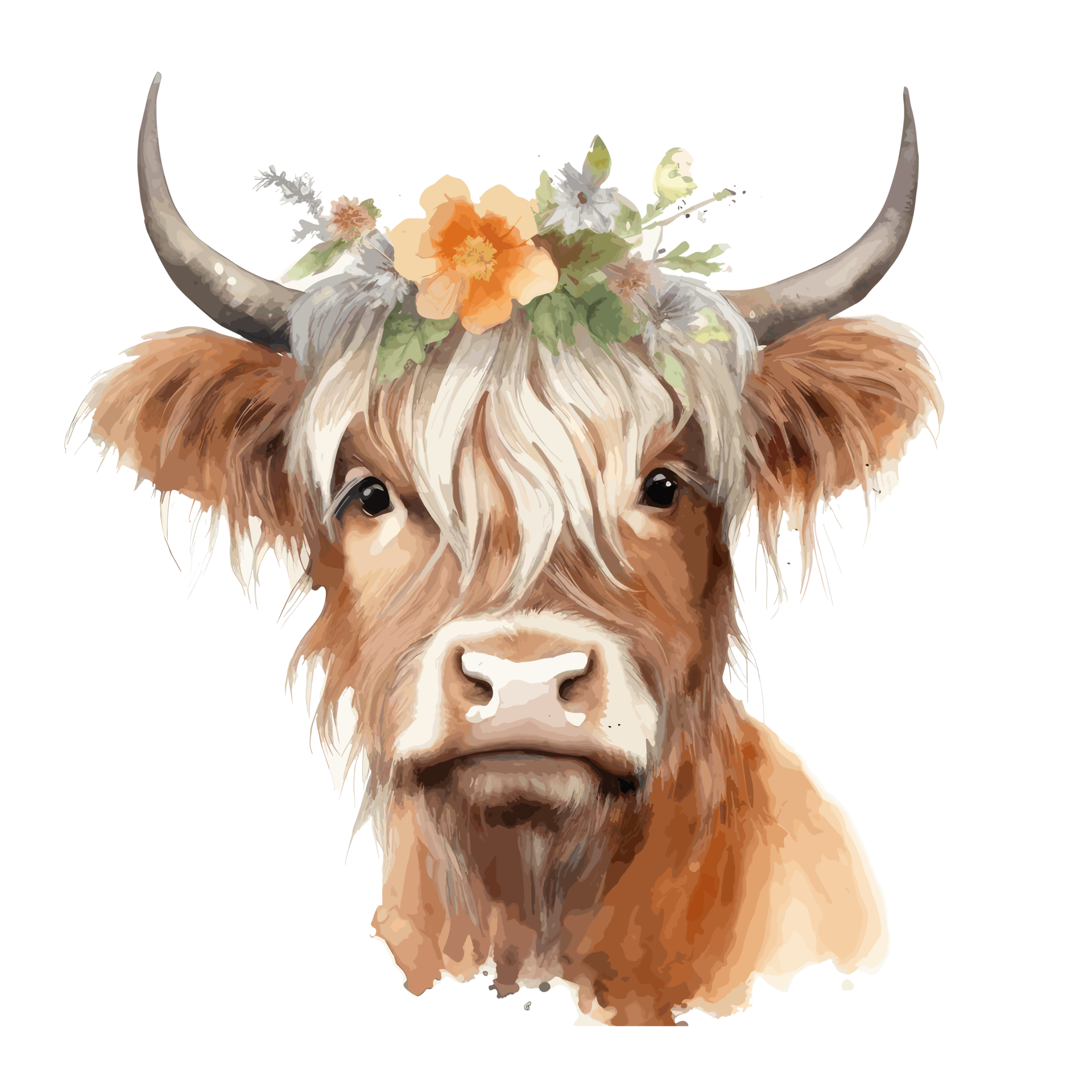 Cute Highland Cow Wearing Flower Crown Watercolor Ai 53 Off