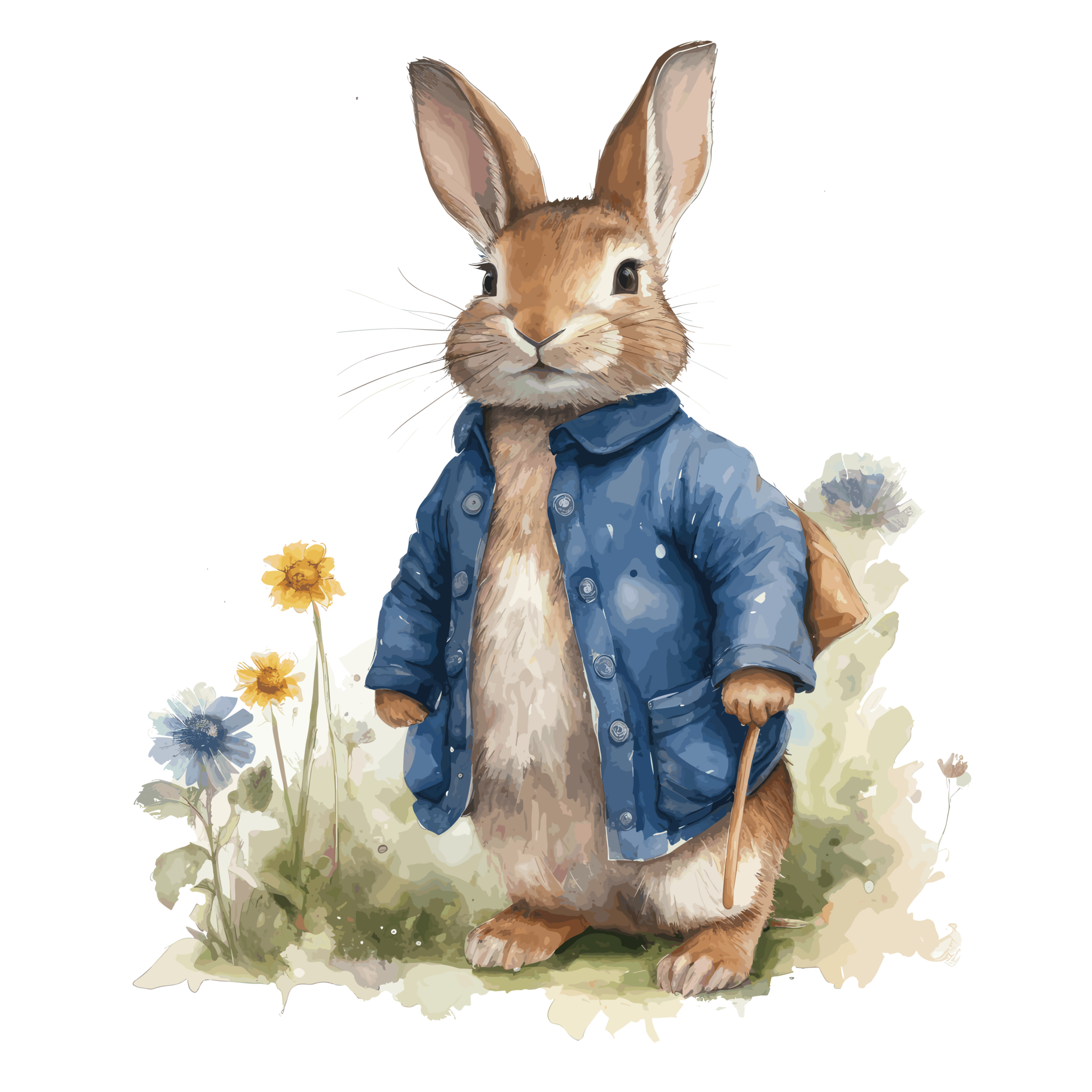 Watercolor Cute Rabbit In A Blue Jacket For Card Design And Print