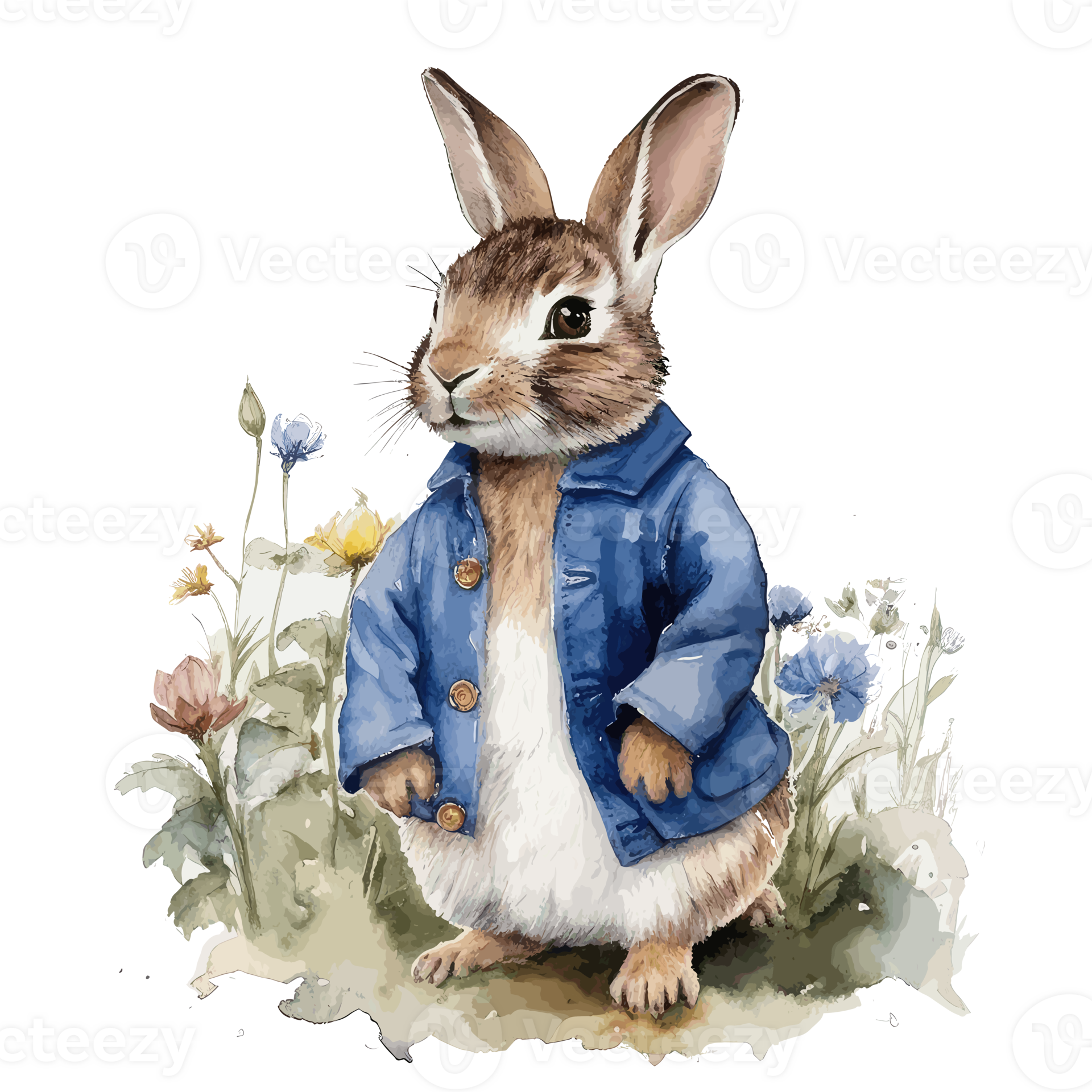 Watercolor Cute Rabbit In A Blue Jacket For Card Design And Print