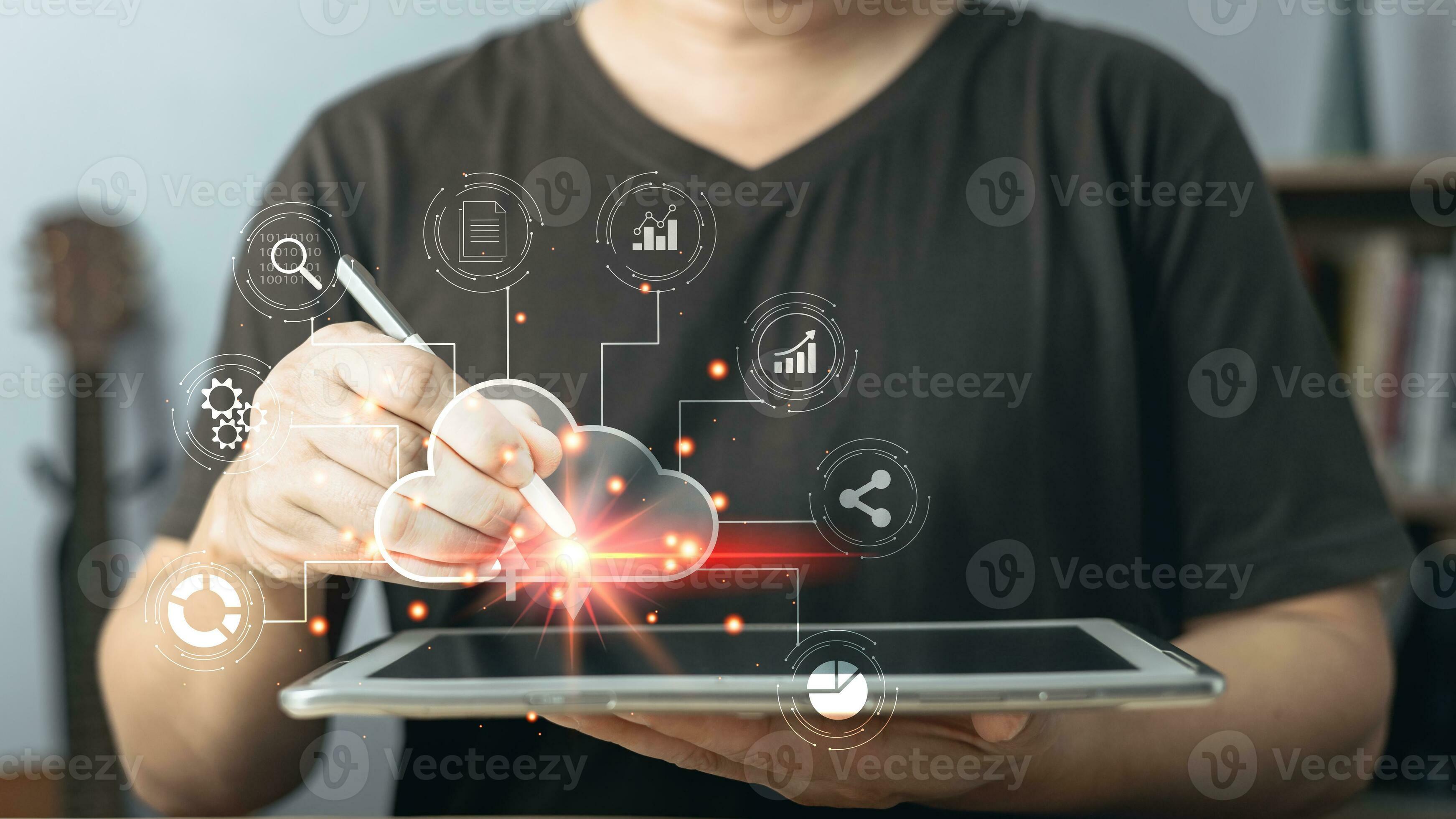 man use tablet cloud computing diagram show screen.Data information storage.Digital technology ...