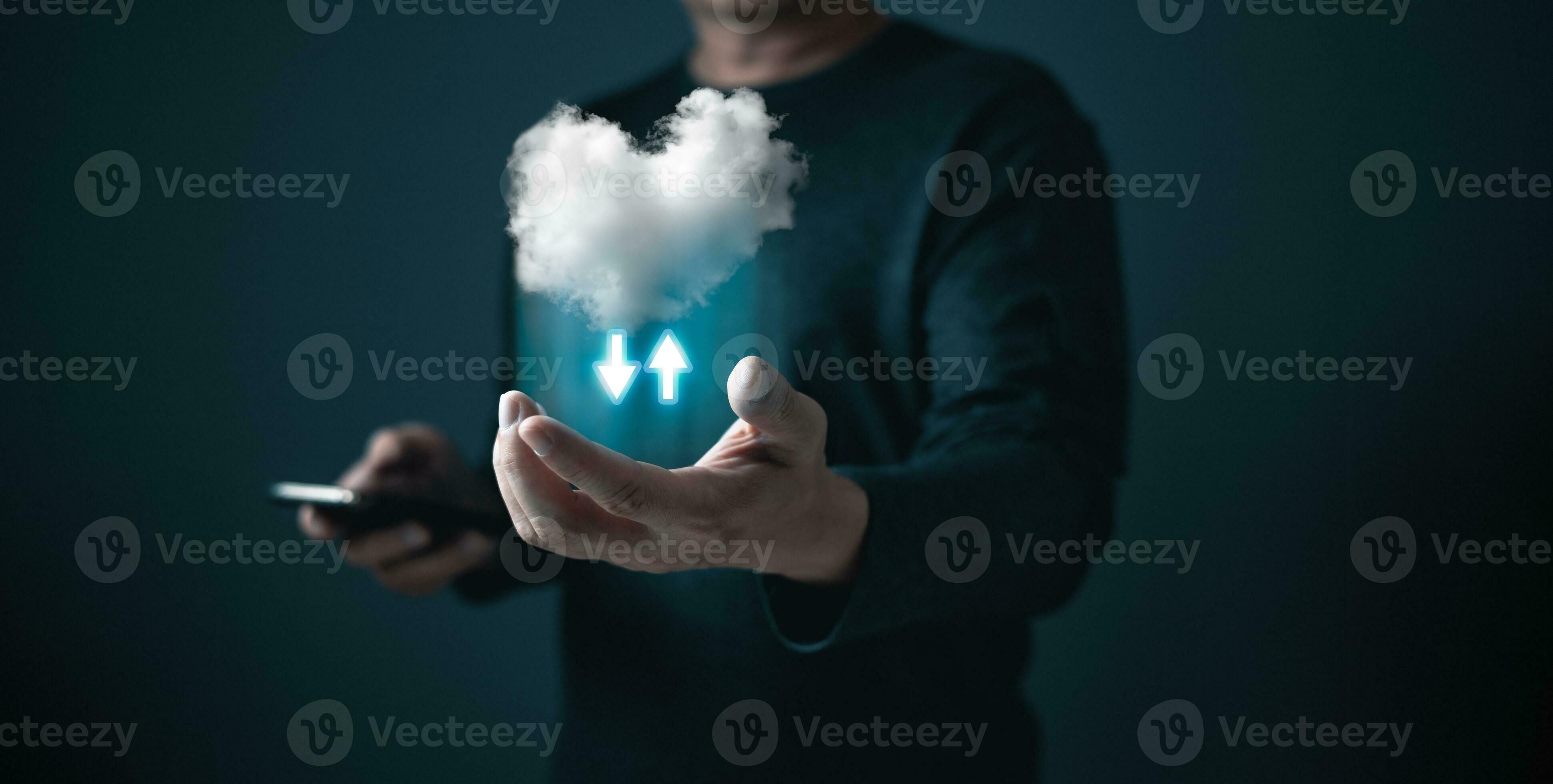 Man Hold Cloud Computing System Diagram Show On Handdata Storage