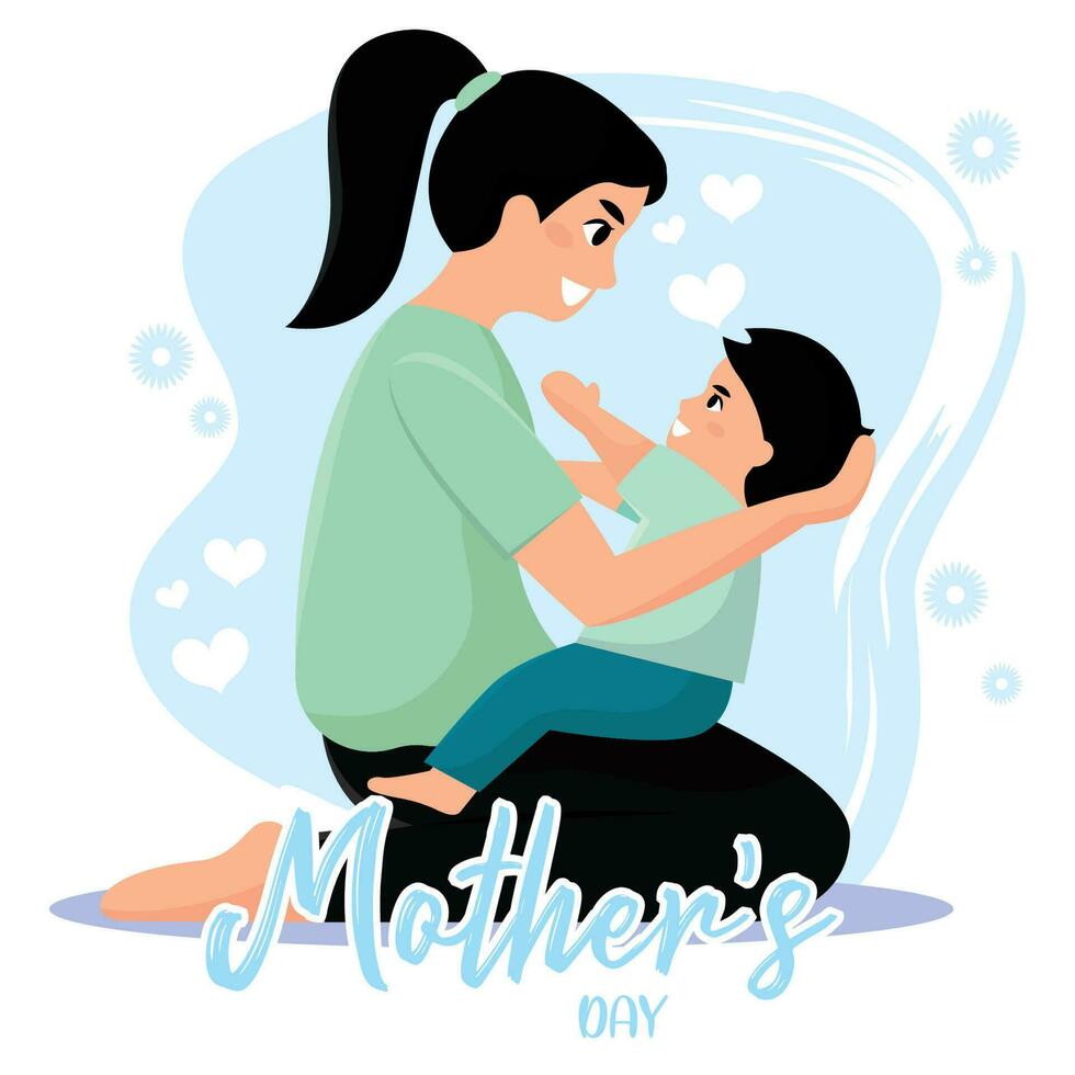 Cute Mother Hugging Her Son Happy Mother Day Vector Illustration