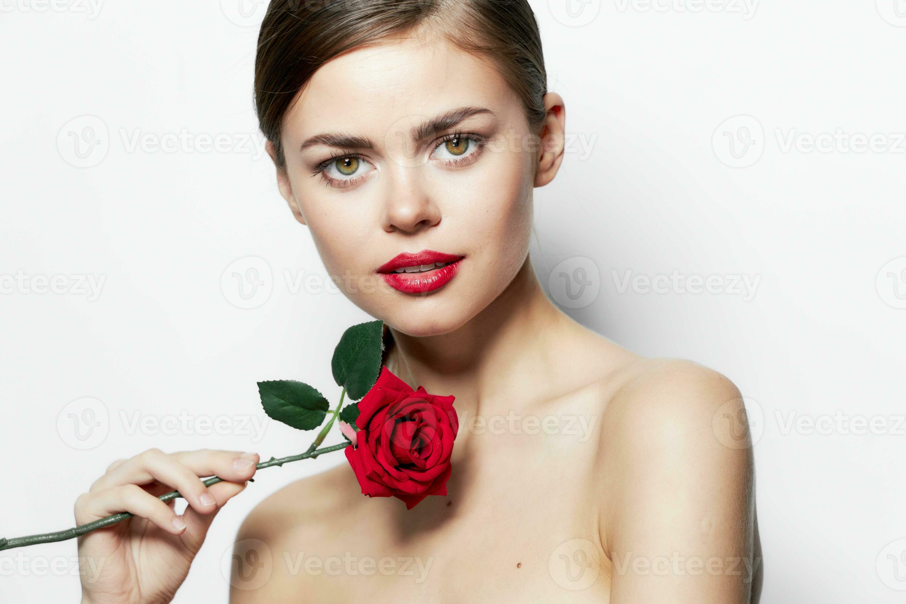 Woman Portrait Red Lips Rose Flower Clean Skin Model Long Hair 23756960