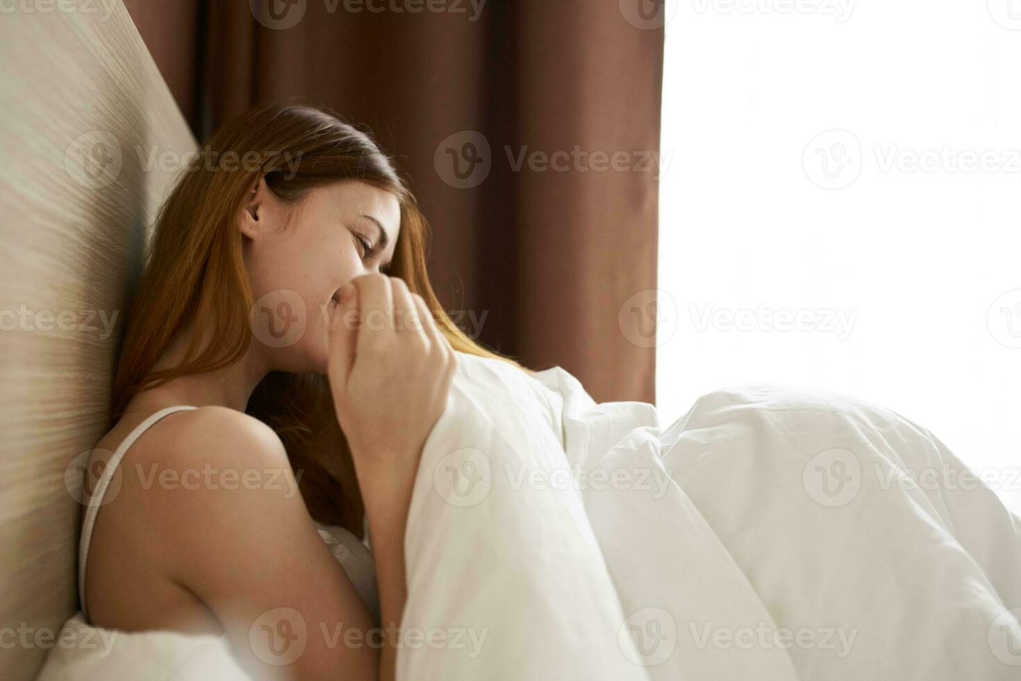 Cute Woman Tied Up Under Blanket In Bed In The Morning Near Window Cropped View 23770453 Stock