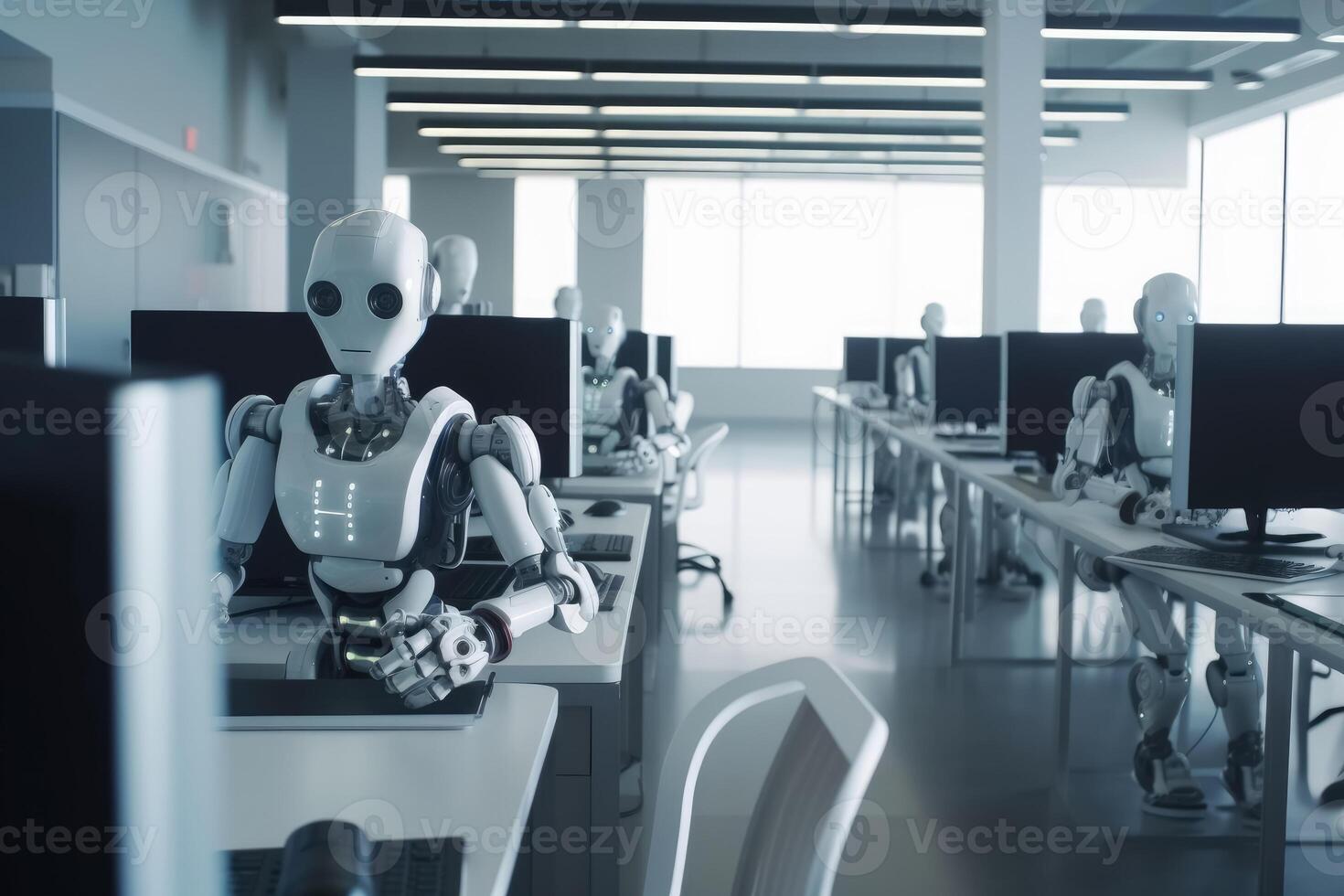 AI robots sitting at work in the open-plan office of a call centre ...