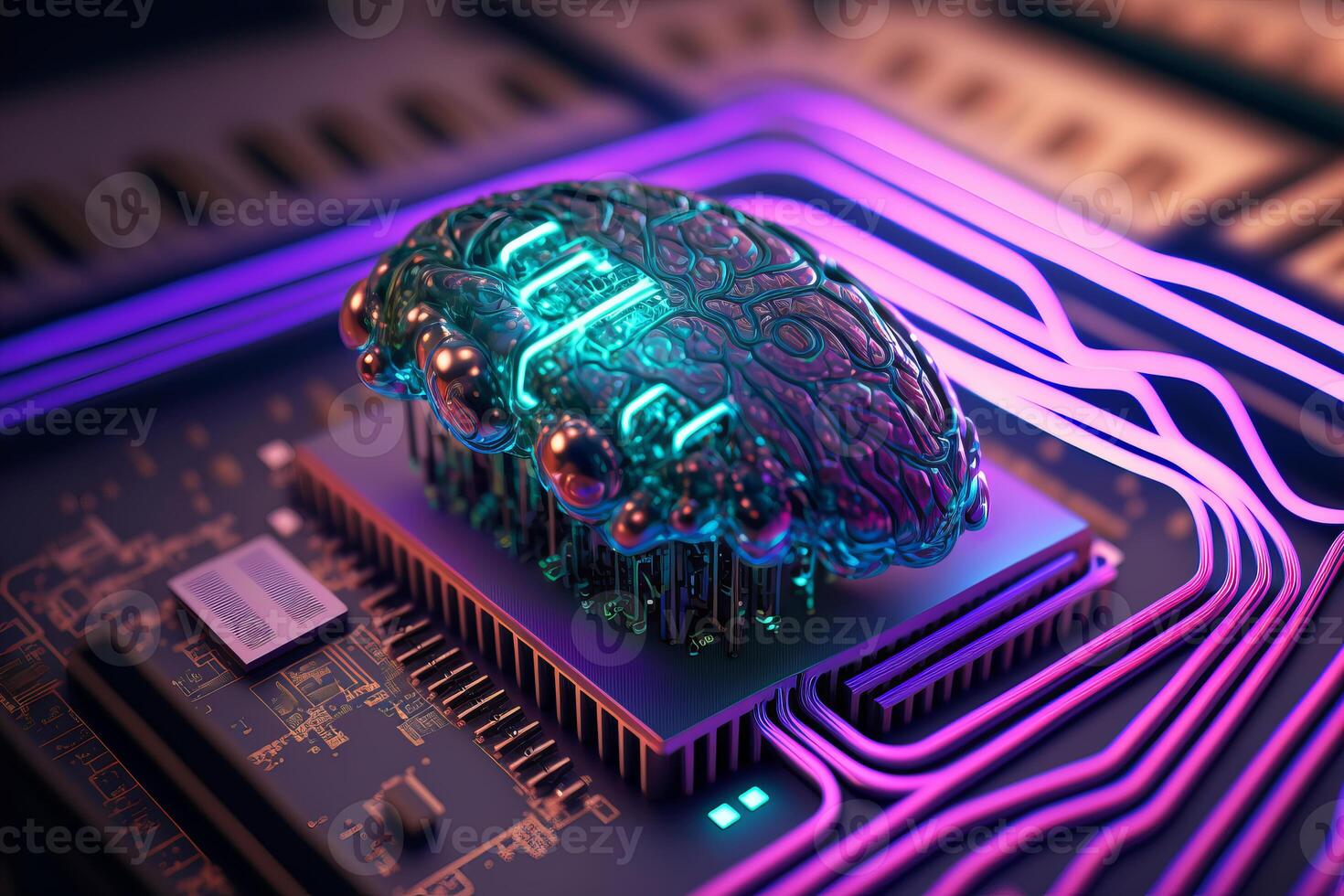 Cybernetic brain artificial intelligence from chips with holographic glowing structures ...