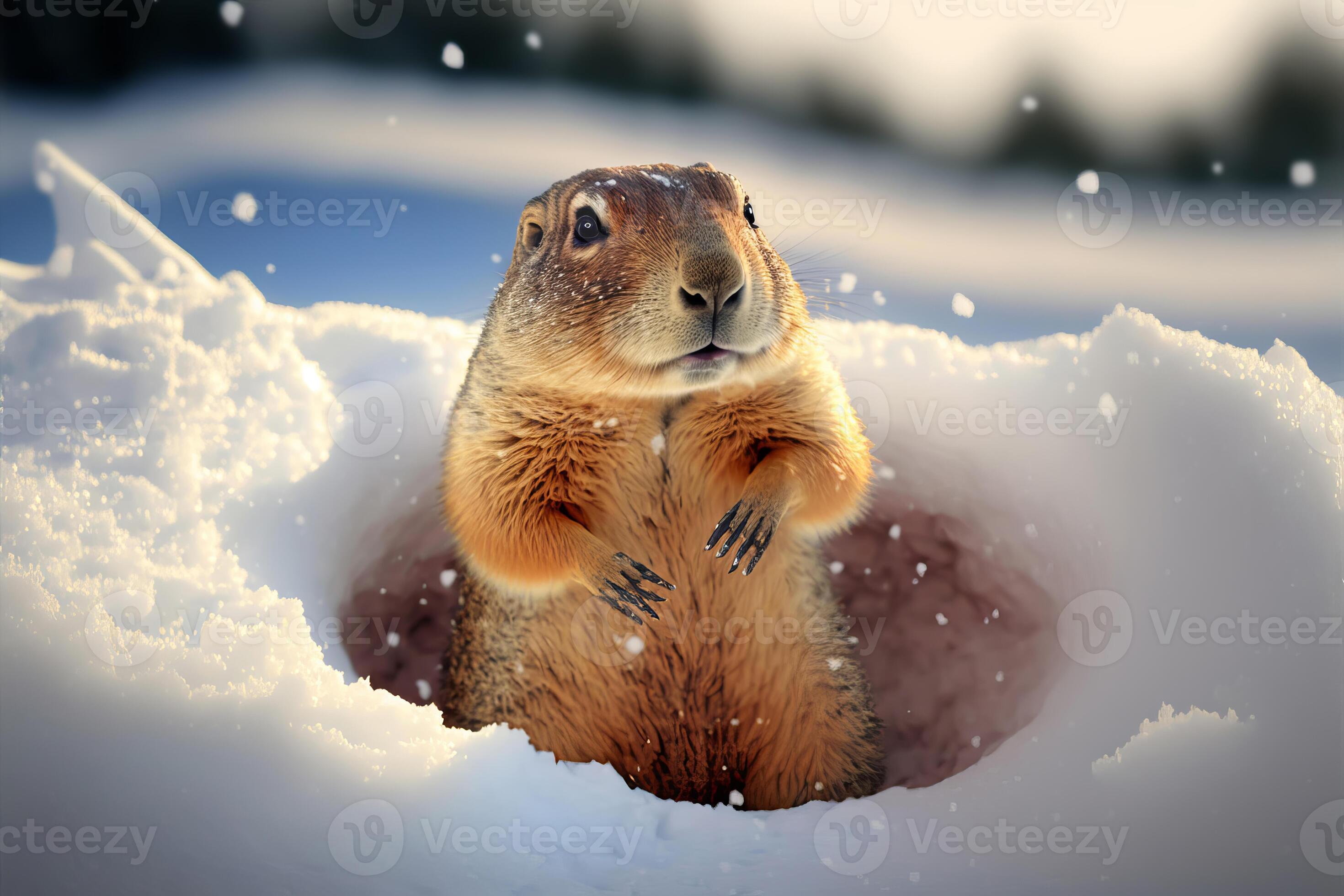 Happy Groundhog Day. Groundhog emerges from a snowy hole after ...