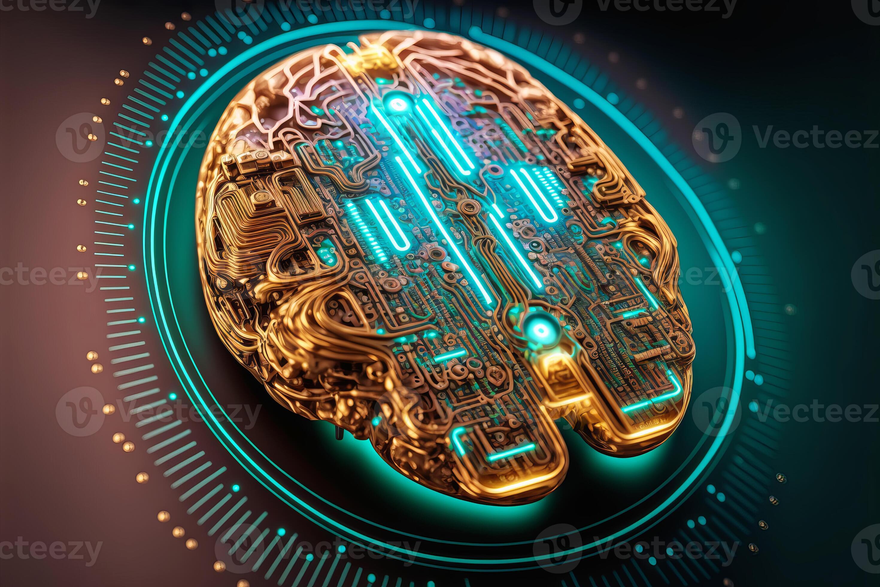 Cybernetic brain artificial intelligence from chips with holographic glowing structures ...