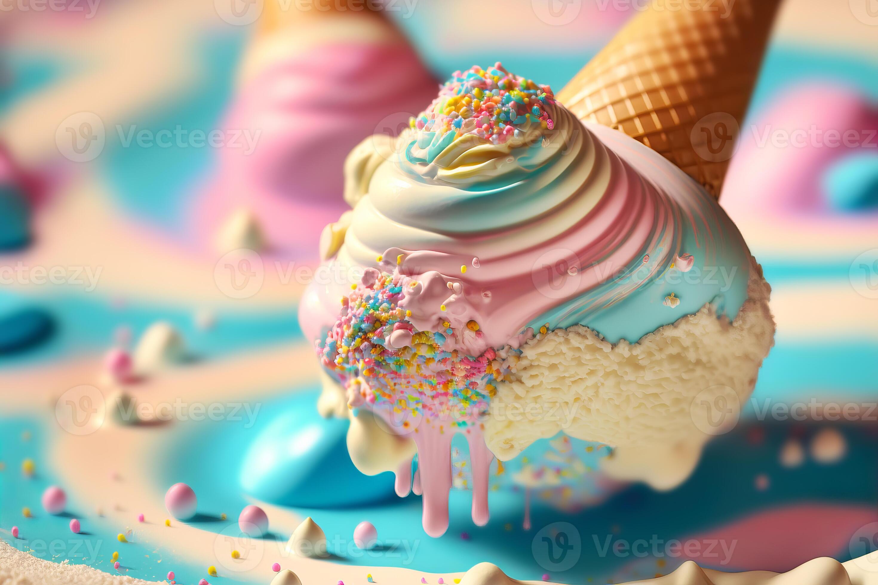 Rainbow Ice Cream Cone Close Up On A Fantasy Background Generative Ai