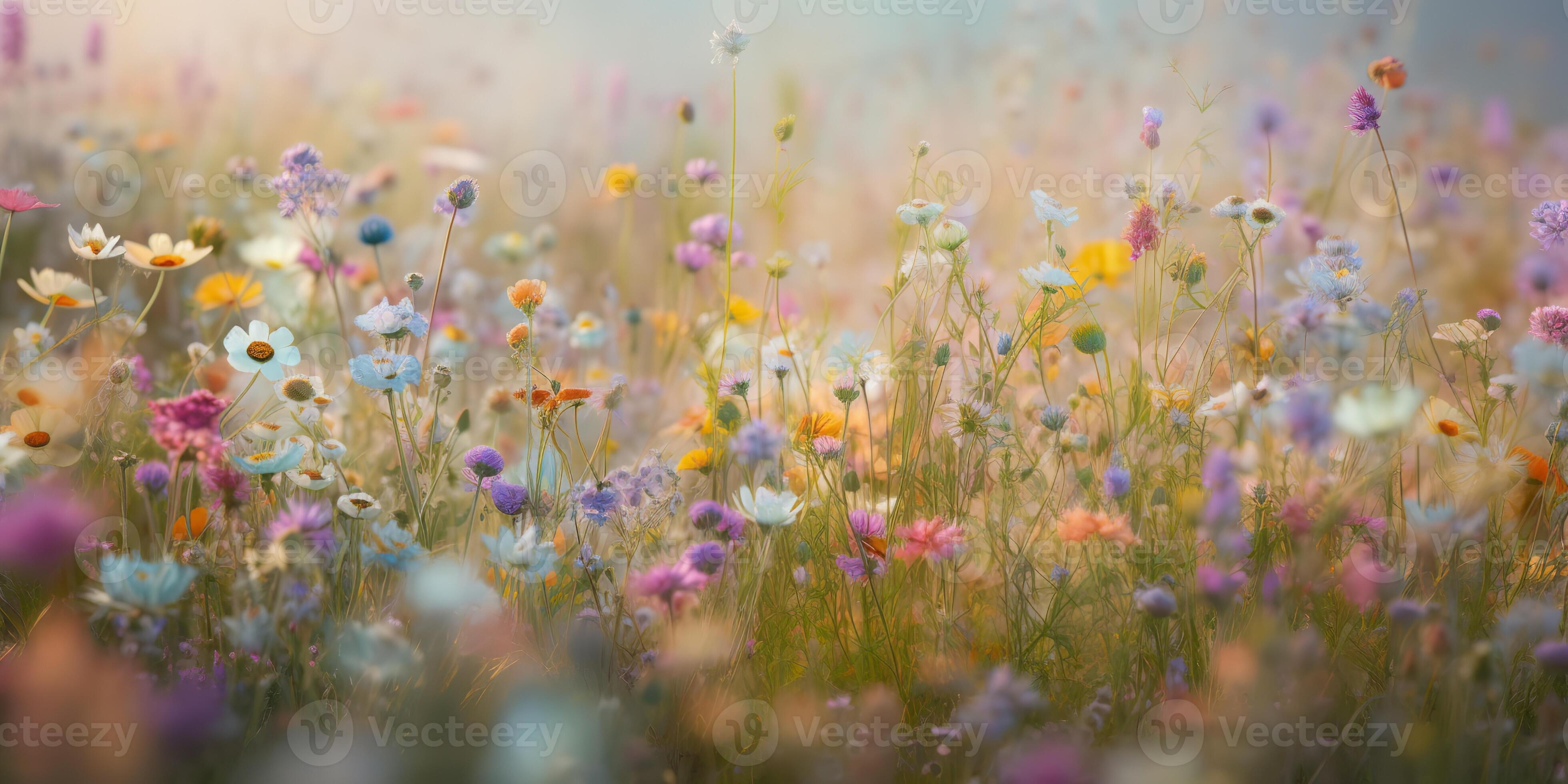 Wild flowers spring outdoor field. Romantic nature lover love aesthetics vibe. Graphic Art ...