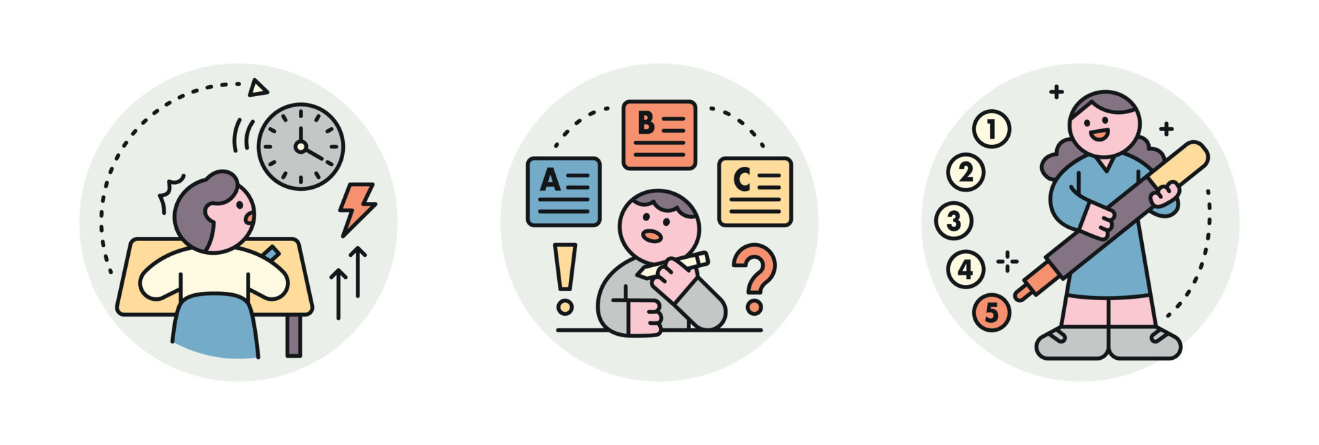 Education. Students studying hard and taking exams. Choose test time ...