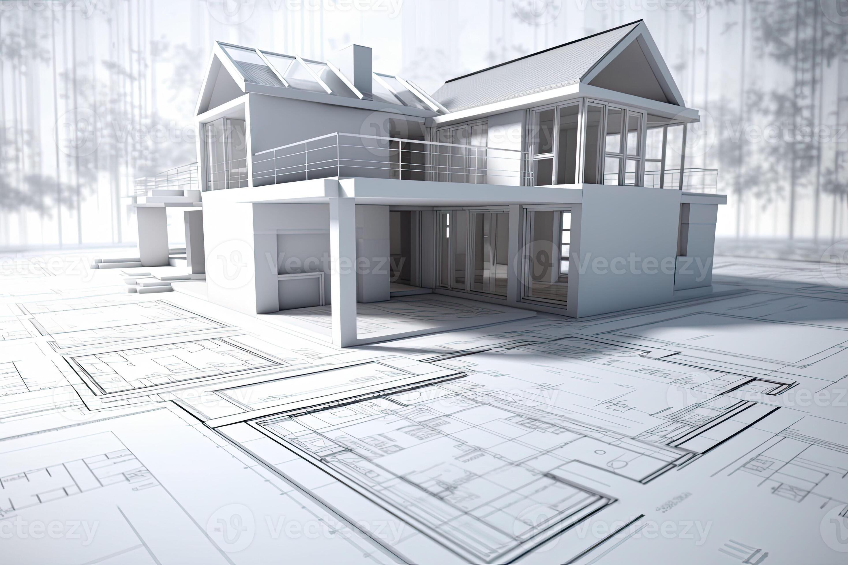 Building project plan. Blueprint of a modern house with 3d model ...