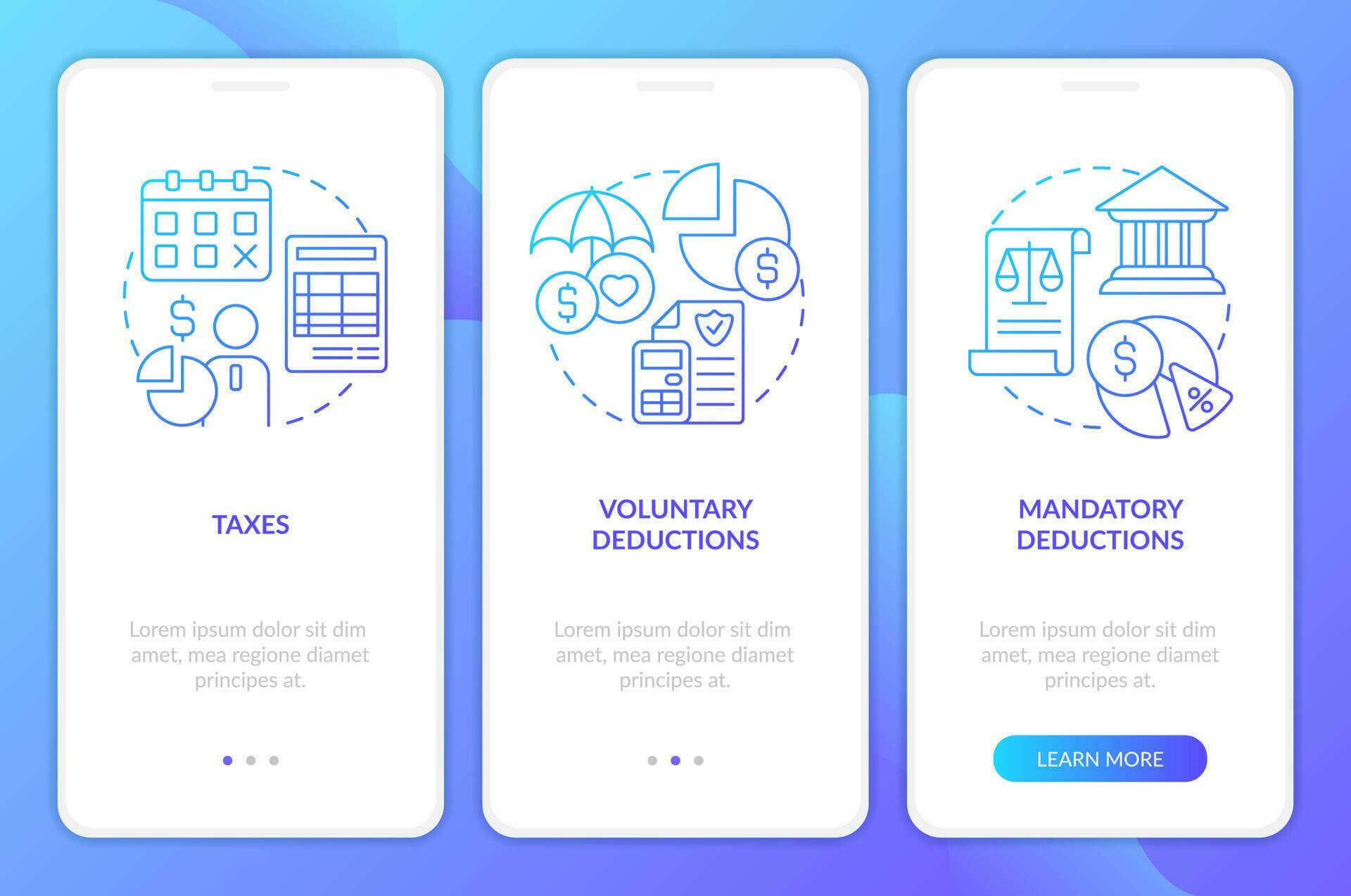 Payroll Deductions Types Blue Gradient Onboarding Mobile App Screen