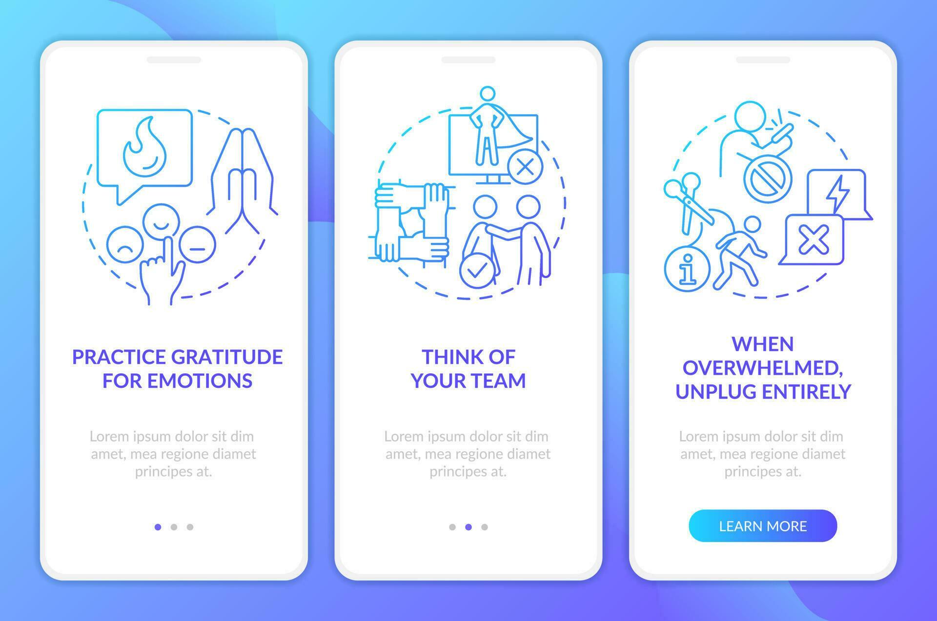 Prevent News Overload Blue Gradient Onboarding Mobile App Screen Walkthrough 3 Steps Graphic