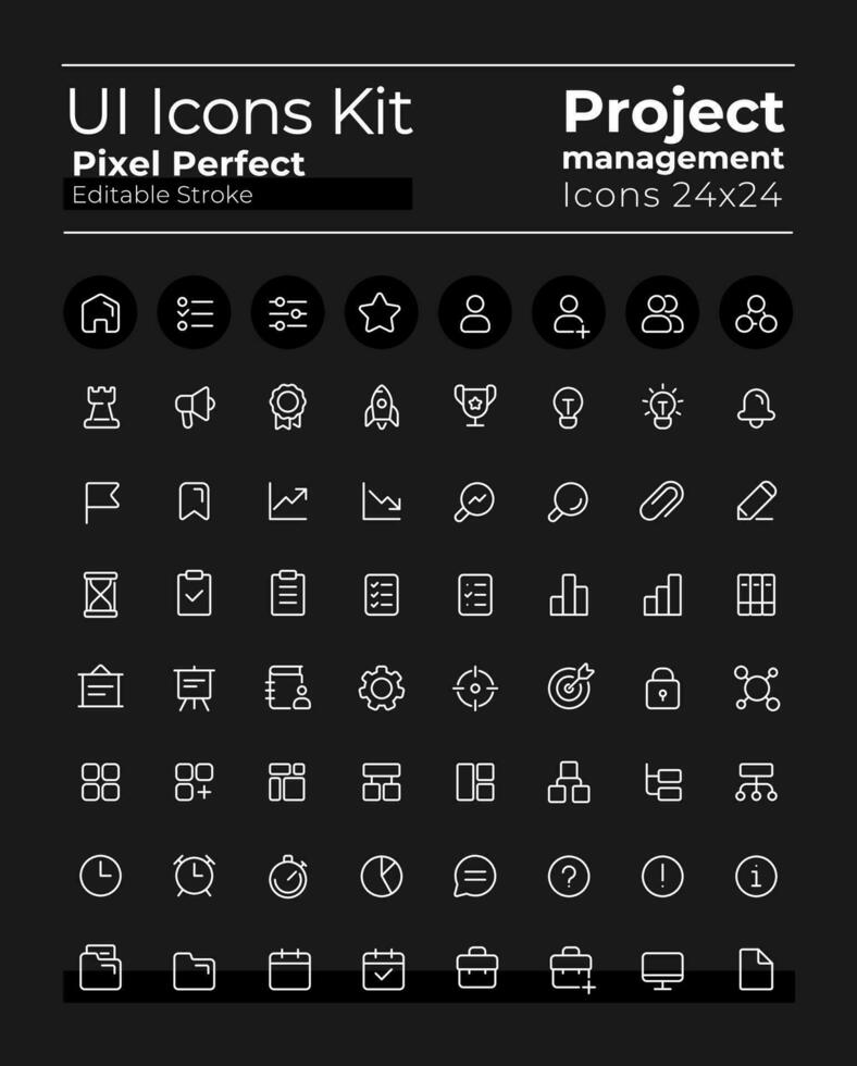 Project management pixel perfect white linear ui icons kit for dark theme. Isolated user ...