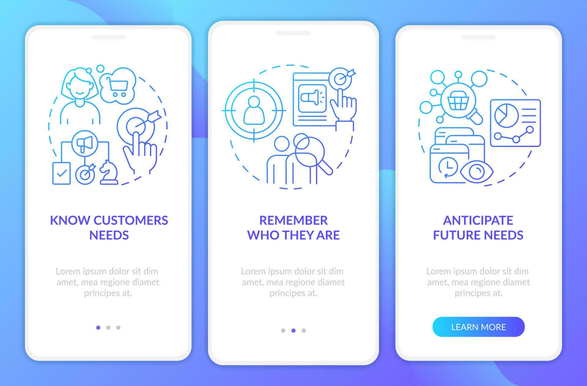 Research Target Audience Needs Blue Gradient Onboarding Mobile App Screen Walkthrough 3 Steps