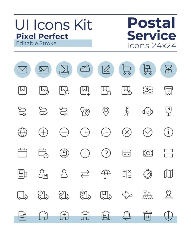 Postal service pixel perfect linear ui icons set. Parcel delivery. Send and receive letter ...
